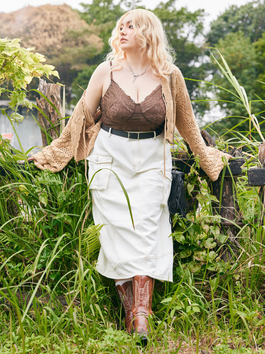 Curve & Plus Denim Belted Slit Maxi Skirt - Cider