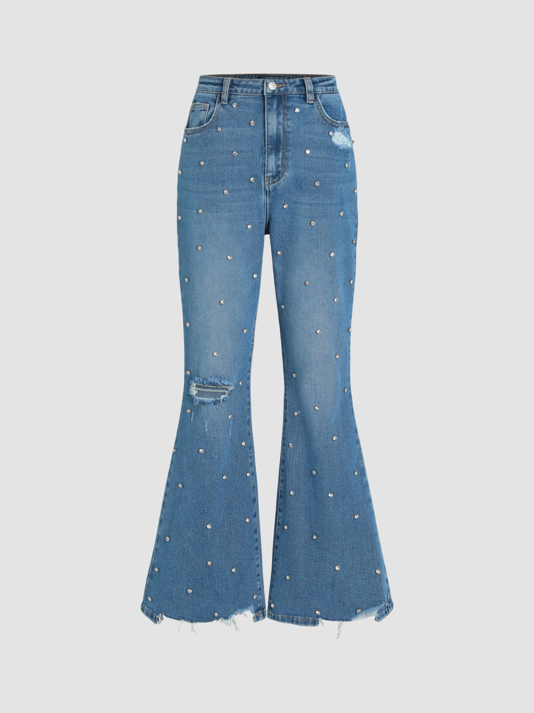Denim Denim Rhinestone Ripped Flared Jeans For Daily Casual