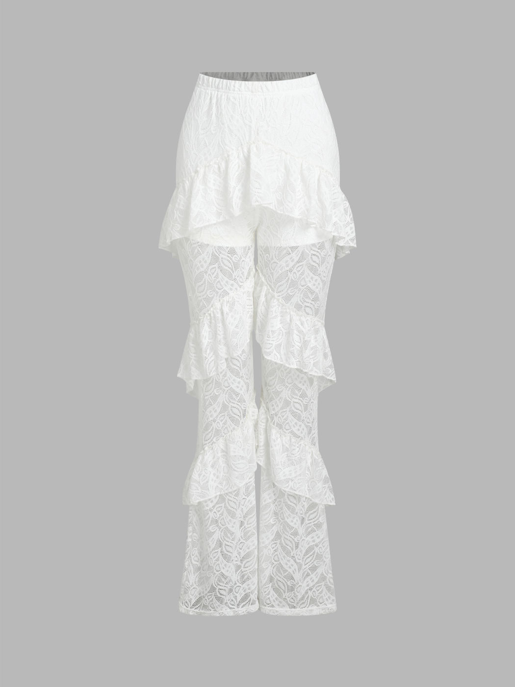Solid Lace Ruffle Trim Flared Pants For Date Vacation