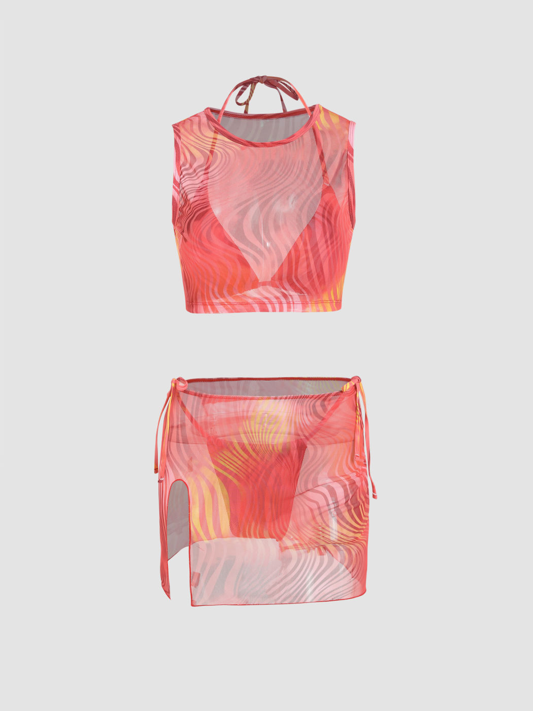 Abstract Pattern Halter Bikini Set With Mesh Cover Up Set For Vacation ...