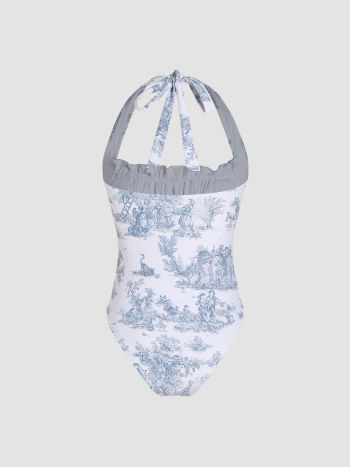 Knit Fabric Toile de Jouy Ruffle One Piece Swimsuit For Vacation