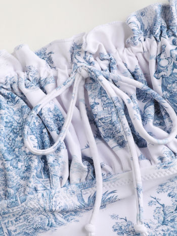 Knit Fabric Toile de Jouy Ruffle One Piece Swimsuit For Vacation