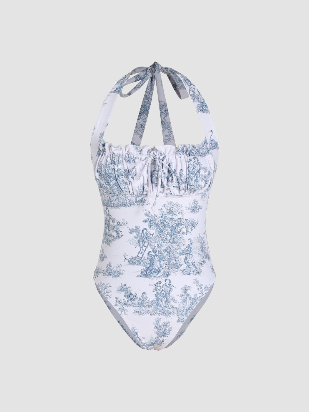 Knit Fabric Toile de Jouy Ruffle One Piece Swimsuit For Vacation