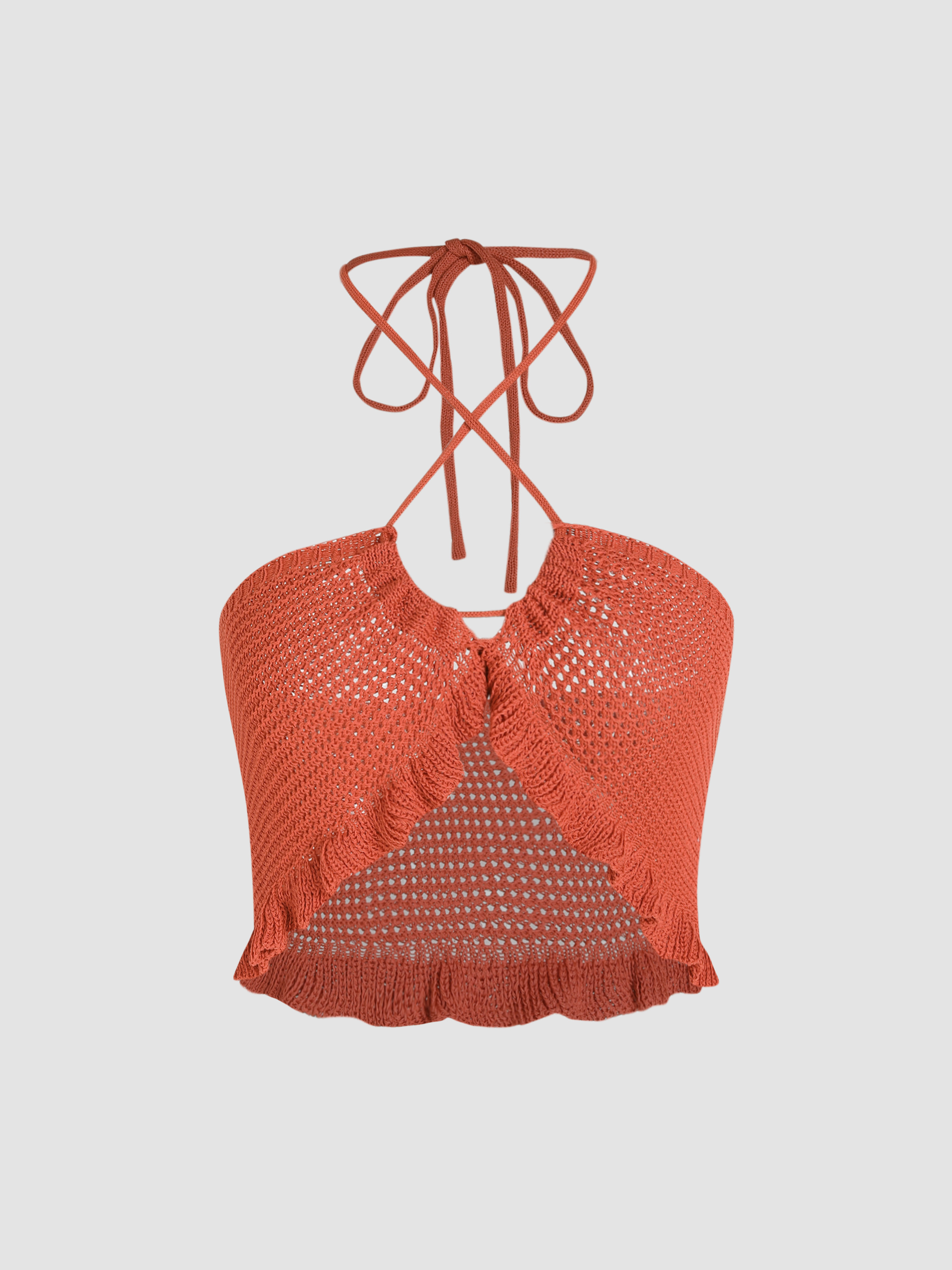 Material Solid Ruffle Hem Backless Halter Crop Top For Occasion