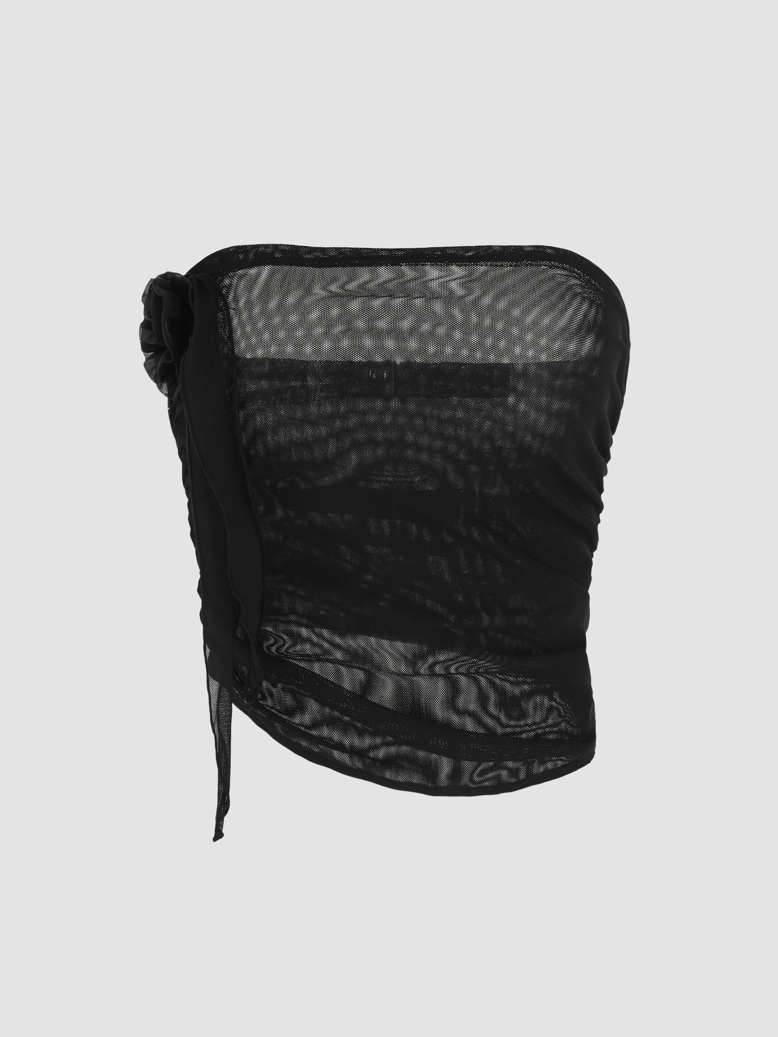 Mesh Dark Rose 3D Floral Cropped Tube Top For Vacation Holiday