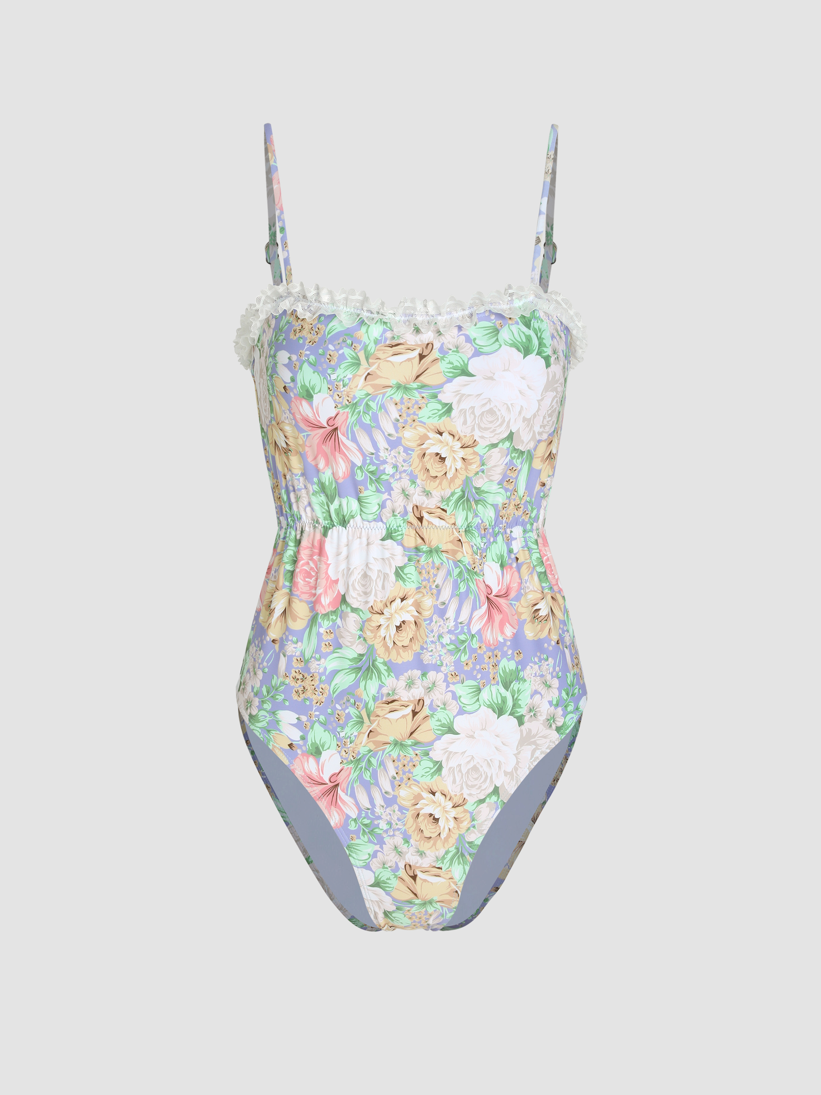 Lace Trim Floral One Piece Swimsuit Cider