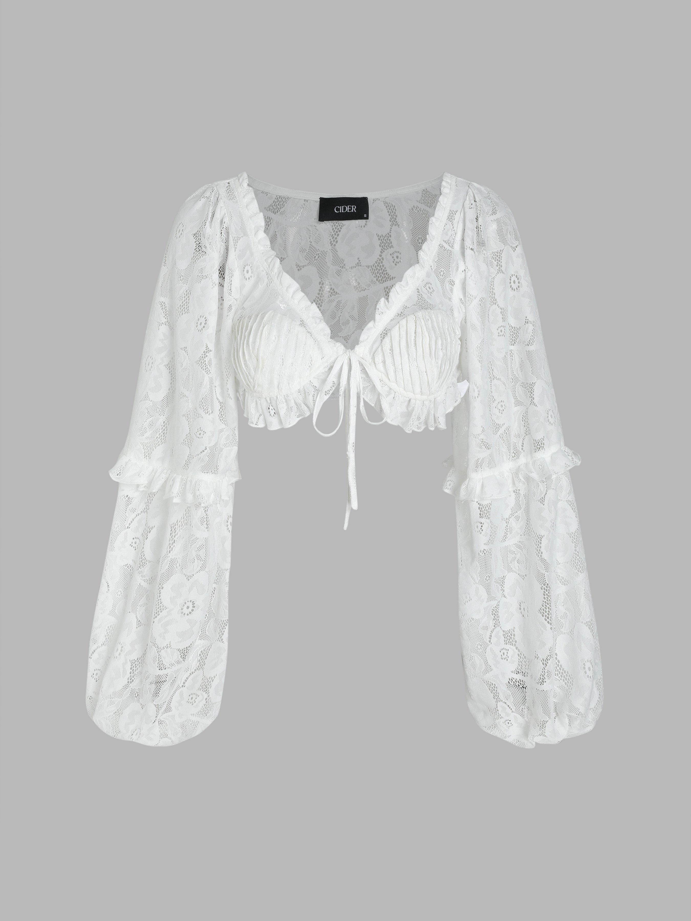 Lace Floral Knotted Long Sleeve Blouse For Date