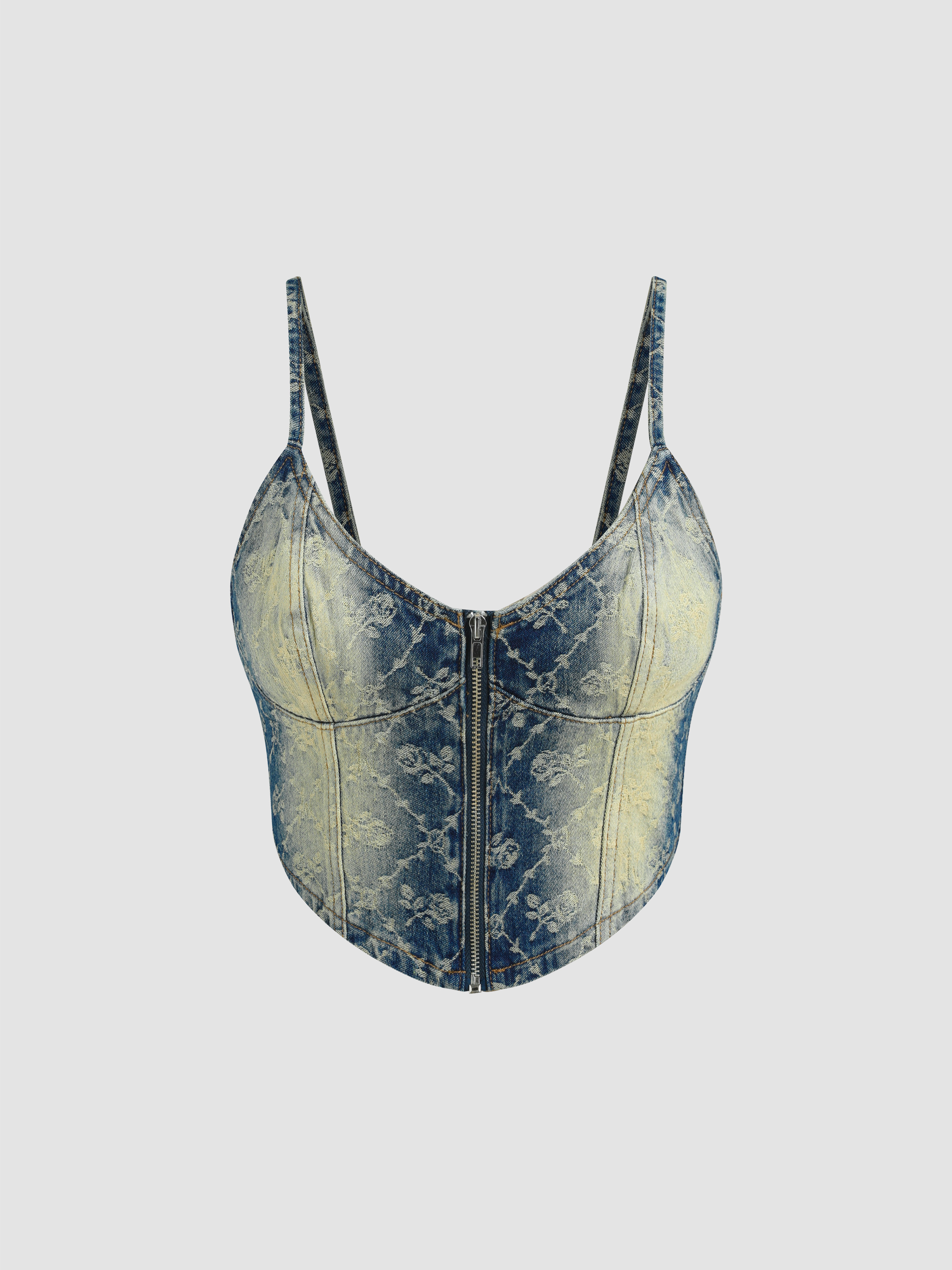 Denim Denim Washed Floral Corset Cami Top For Daily Casual