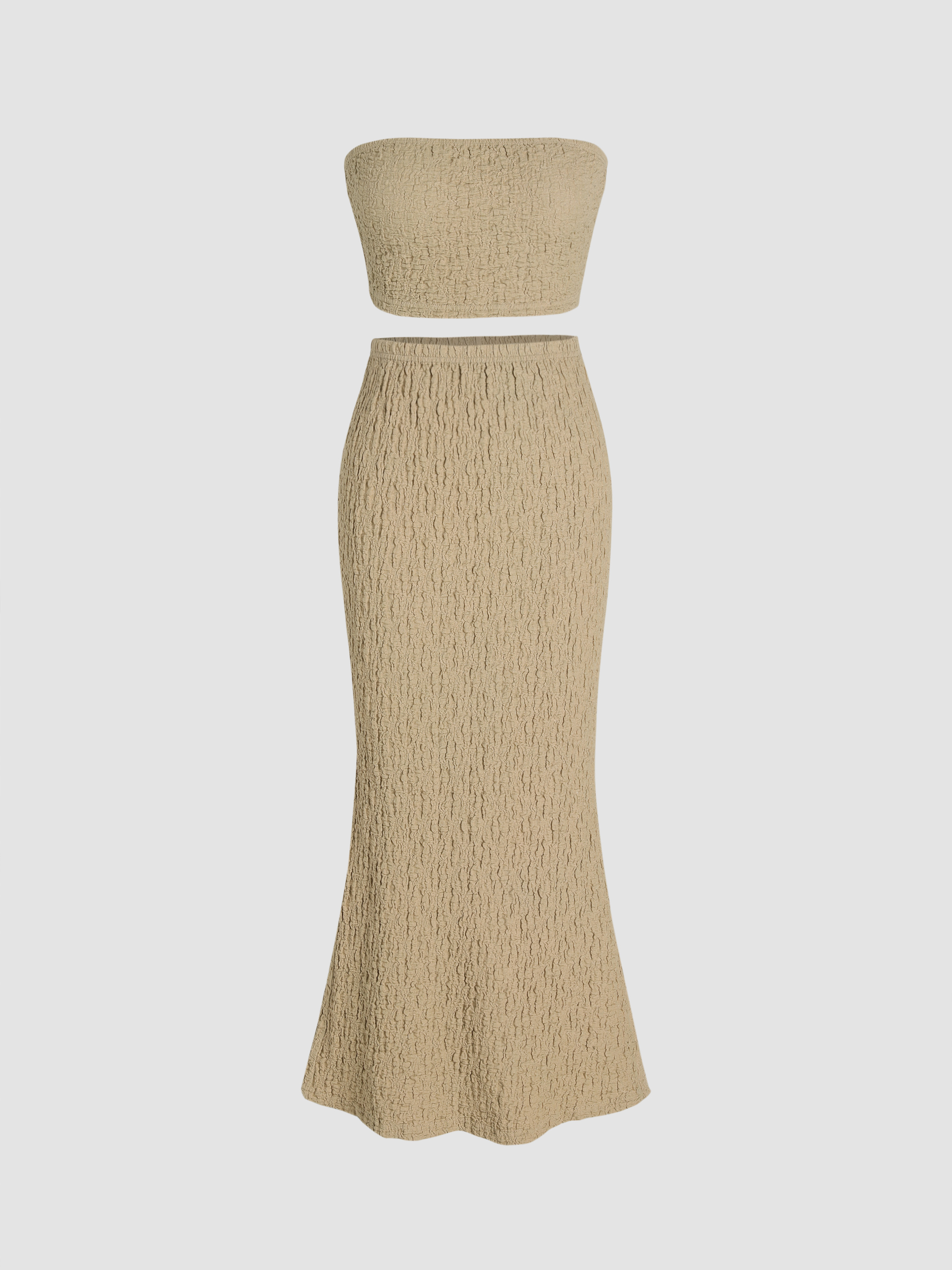 Knit Fabric Jersey Strapless Crop Top And Ruffle Maxi Mermaid Skirt Set