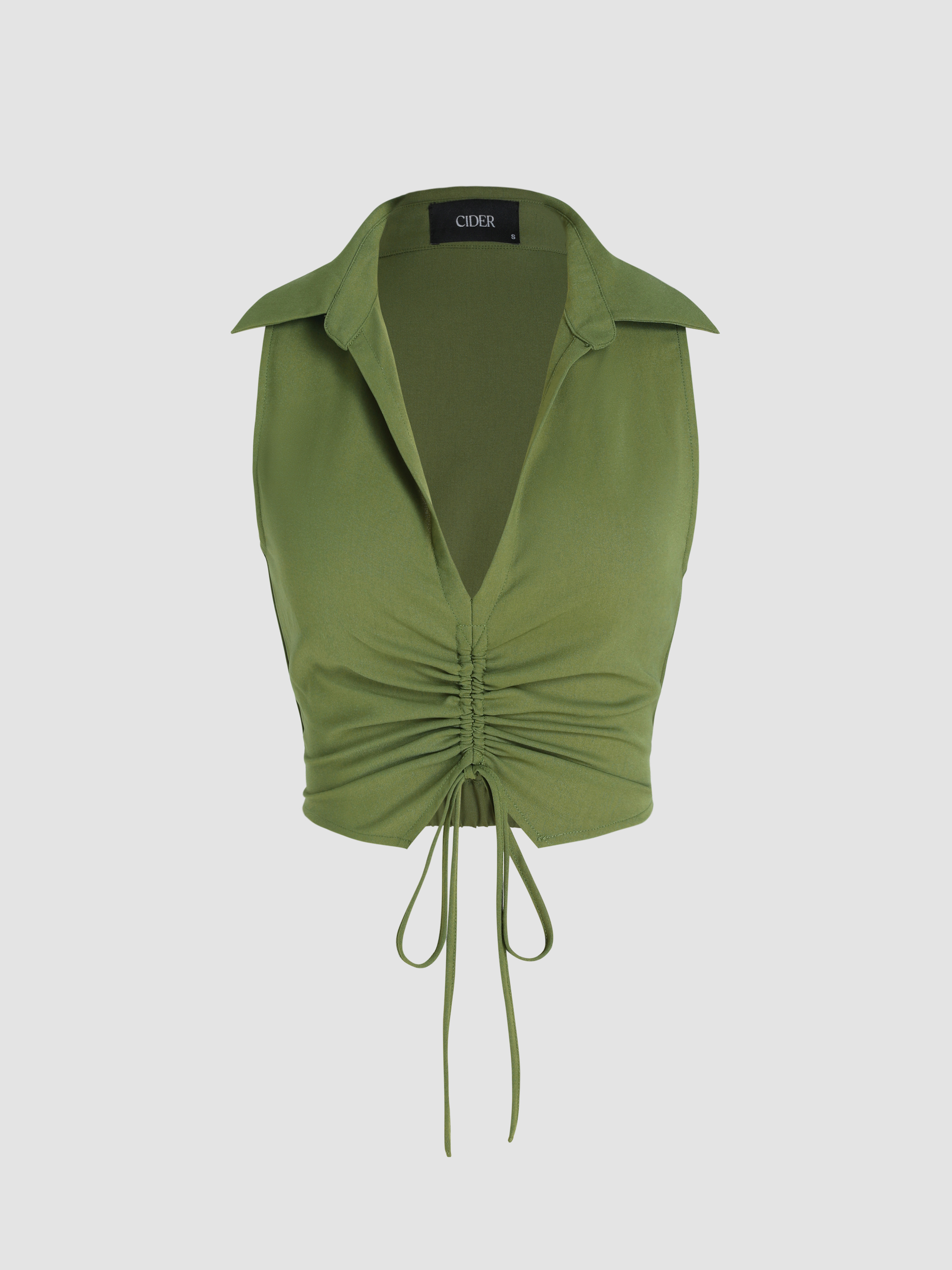 Woven Collar Drawstring Sleeveless Top For Daily Casual Coffee Shop Work