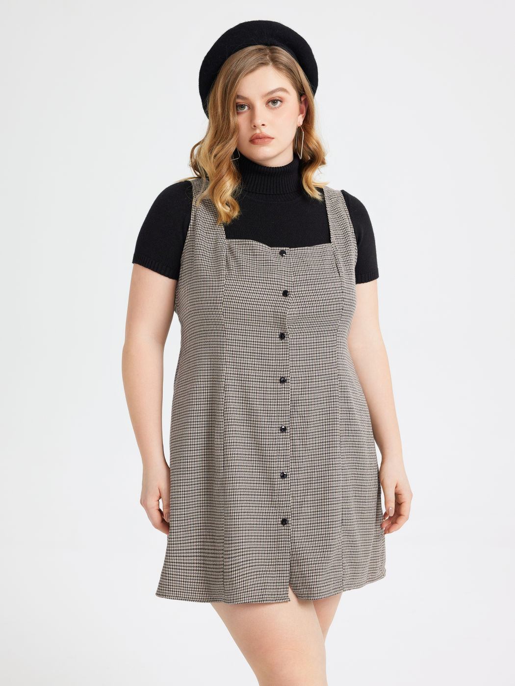 Curve & Plus Houndstooth Square Neck Button Up Mini Dress - Cider