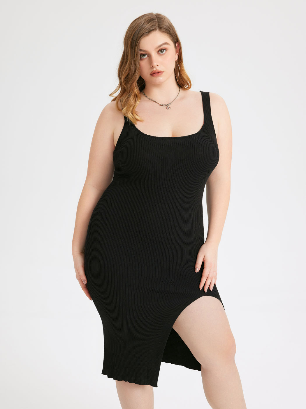 Curve & Plus Solid Knit Slit Midi Dress - Cider