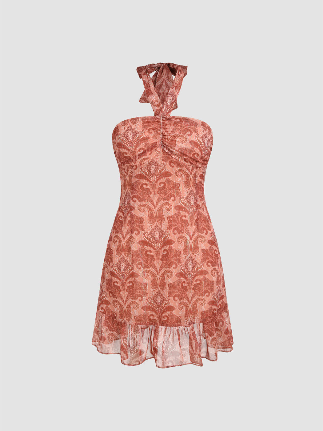 Sun Dresses Woven Paisley Halter Ruffle Mini Dress For Date Vacation