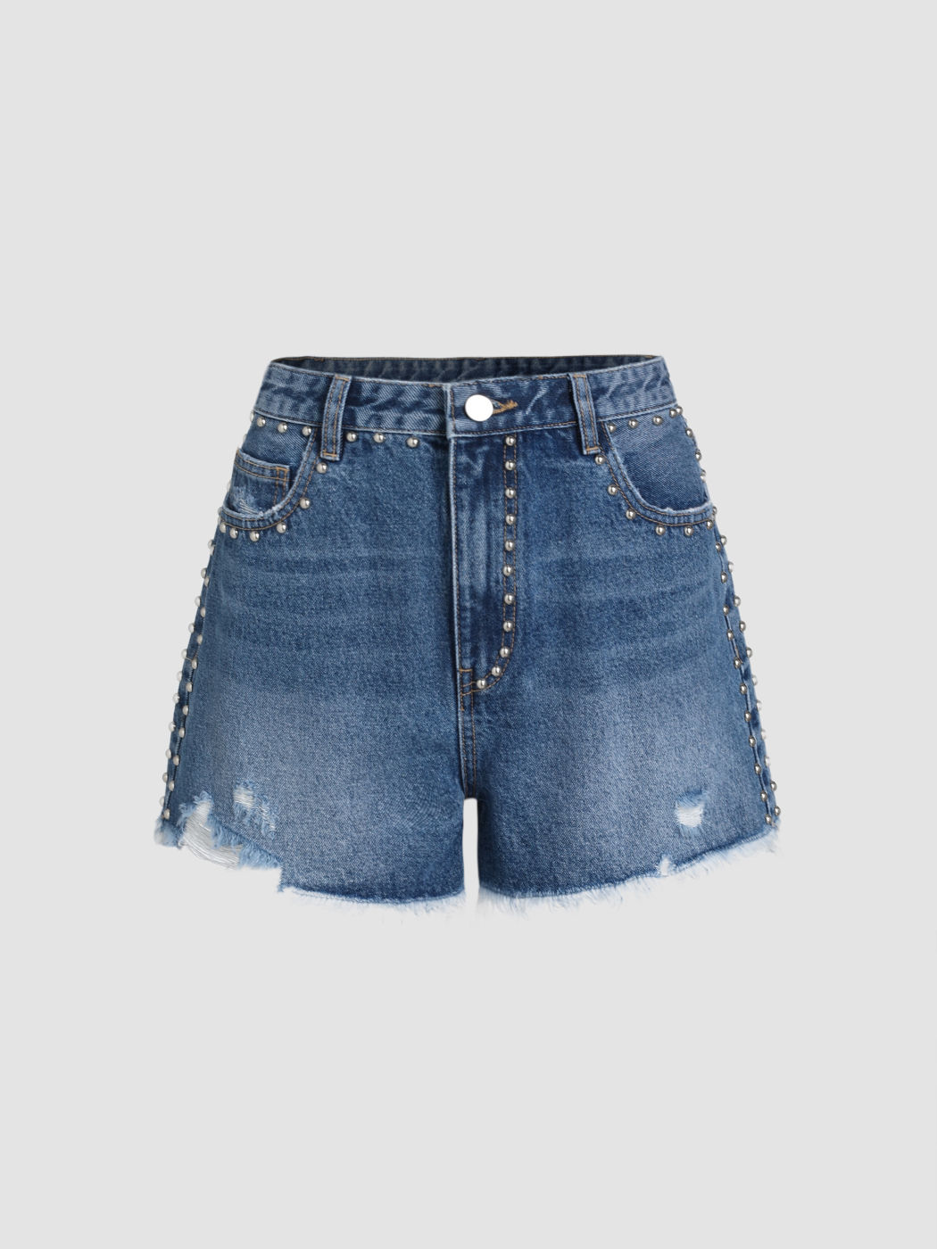 Denim Denim Studded Raw Hem Wide Leg Shorts For Daily Casual