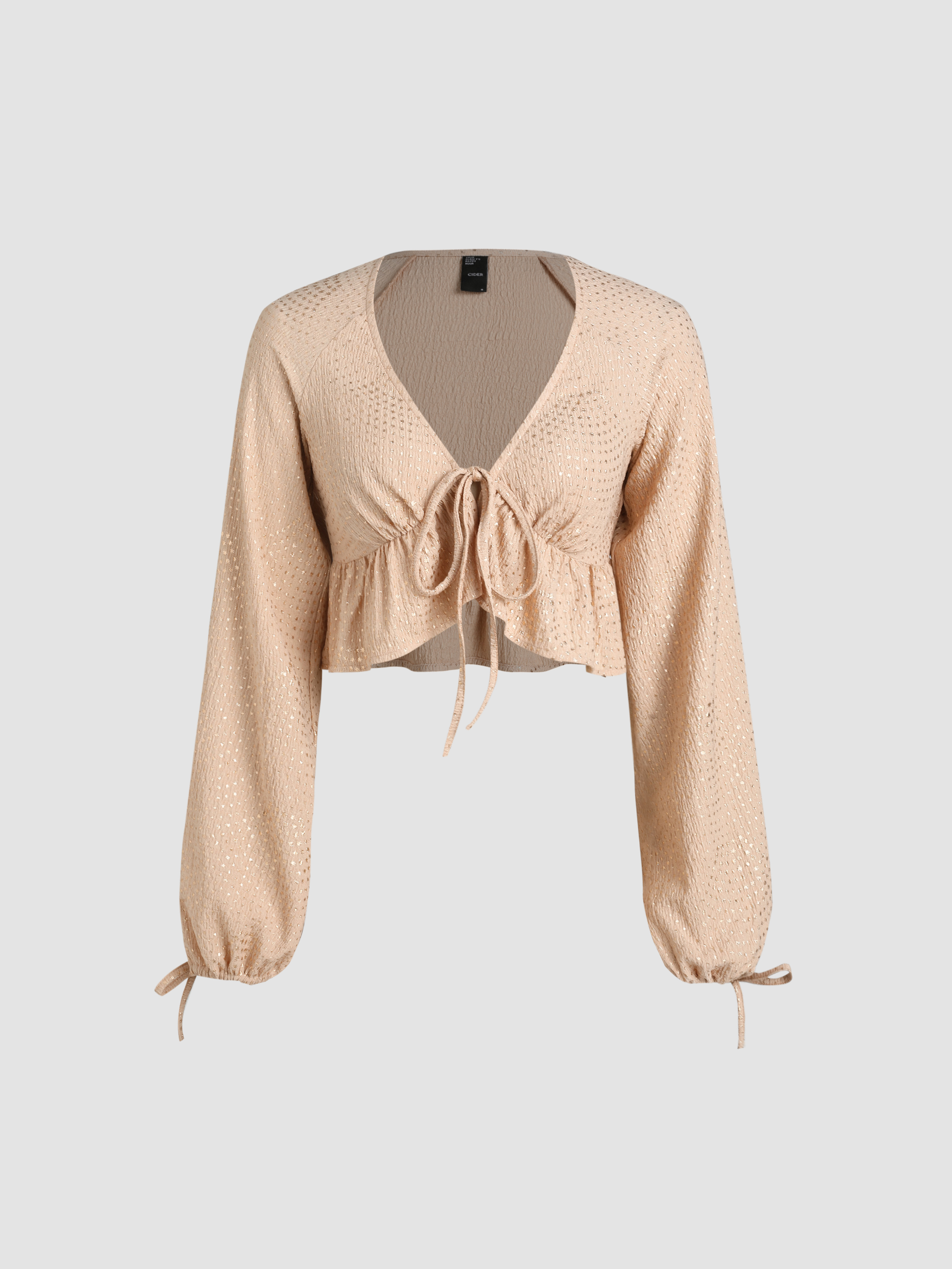 Woven Solid Knotted Long Sleeve Crop Blouse For Daily Casual