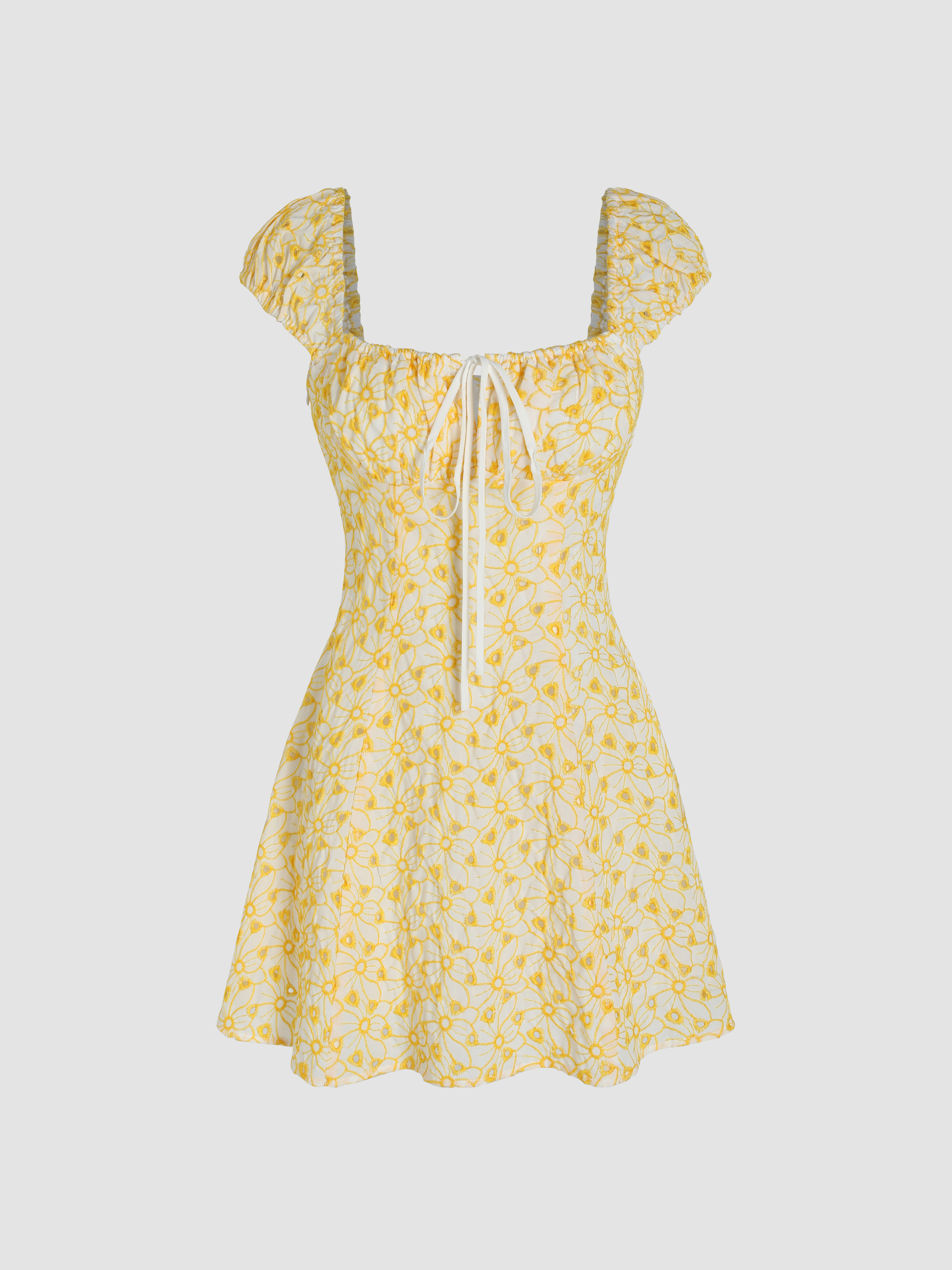 Woven Floral Knotted Mini Dress For Vacation Daily Casual