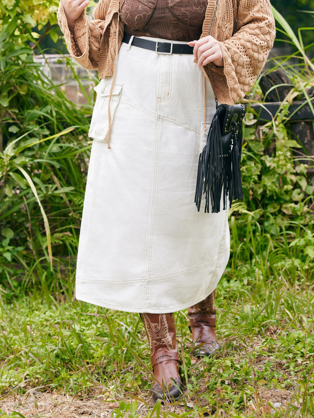 Curve & Plus Denim Belted Slit Maxi Skirt - Cider