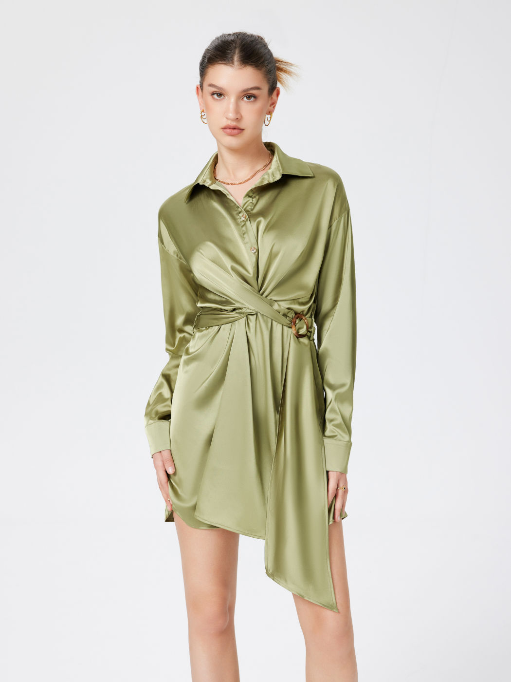 Satin Satin Collar Button Up Mini Dress For Daily Casual Work