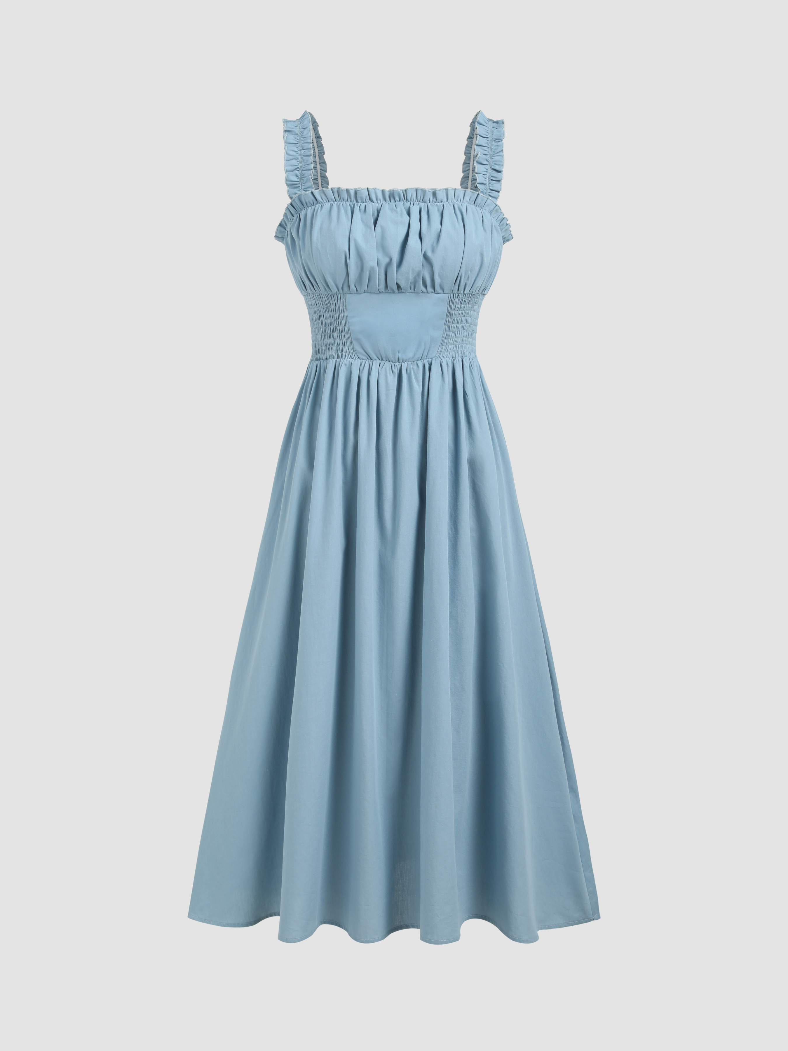 Ruched Shirred Ruffle Square Neck Midi Dress For Daily Casual Vacation