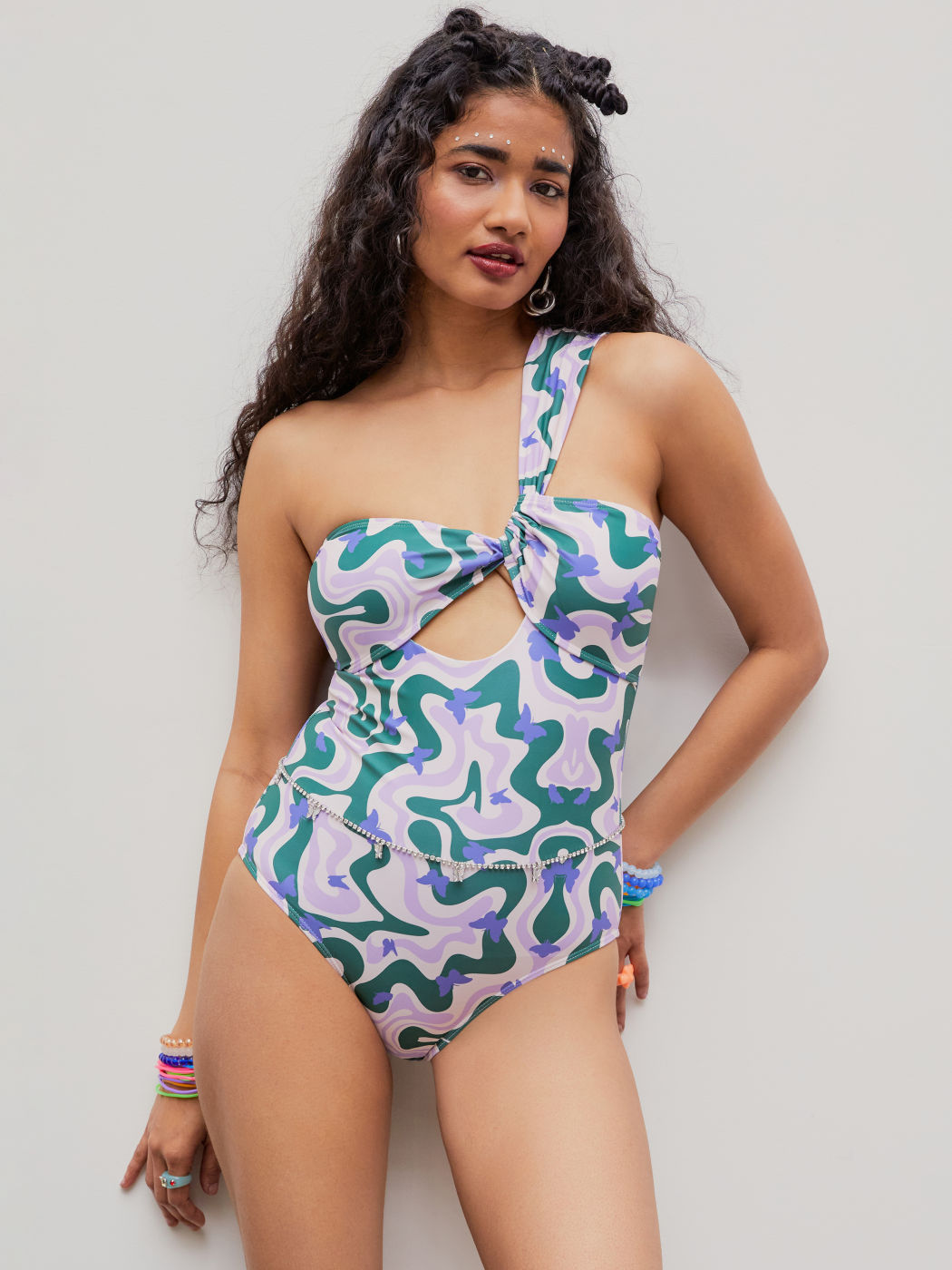 Knit Fabric Butterfly Wave One Shoulder One Piece Swimsuit For Vacation Swimming Pool Beach