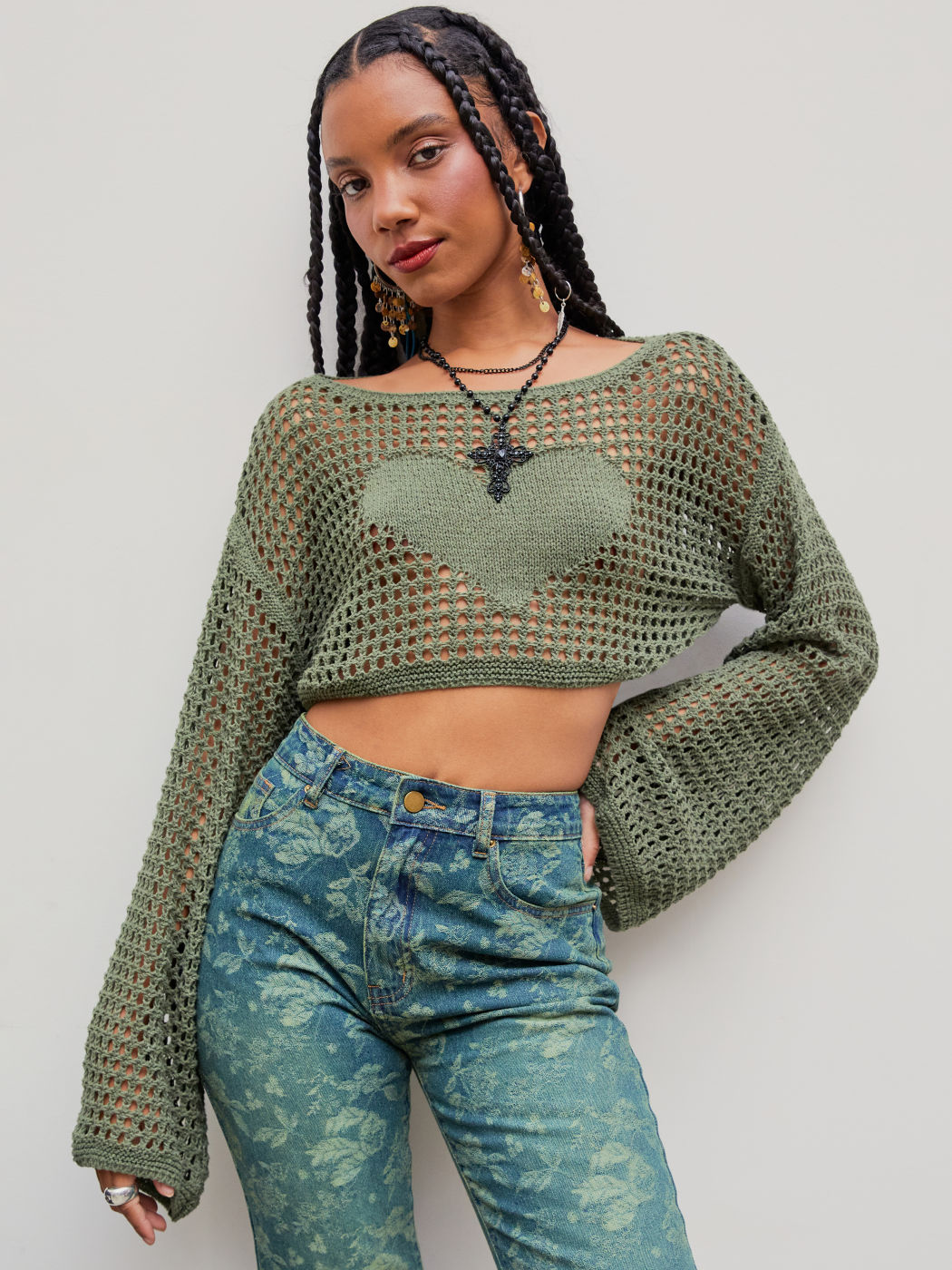 Knit Hollow Out Heart Print Long Sleeve Crop Top For Daily Casual