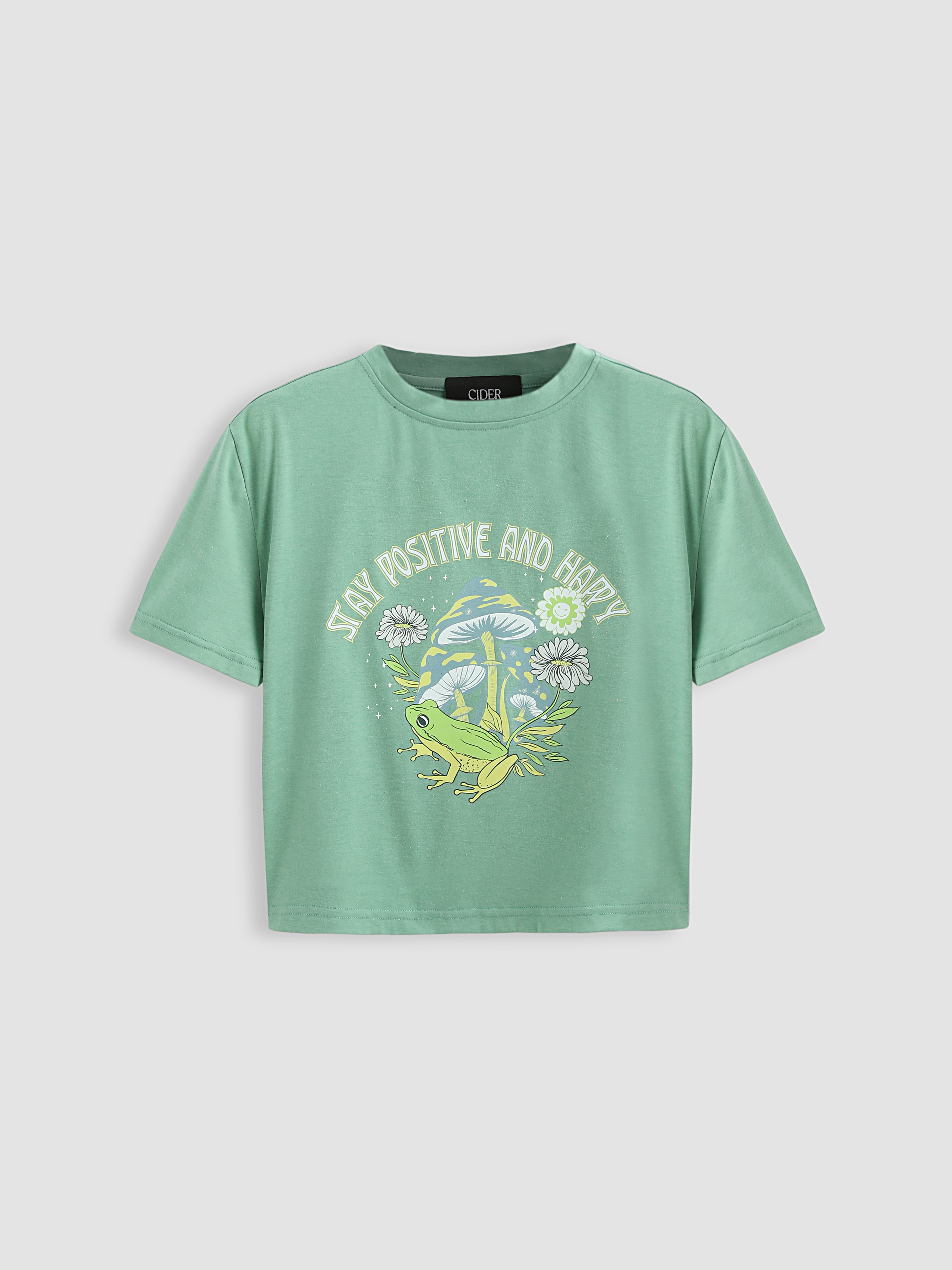 Knit Fabric Mushroom & Frog Graphic Crop Tee For School Daily Casual