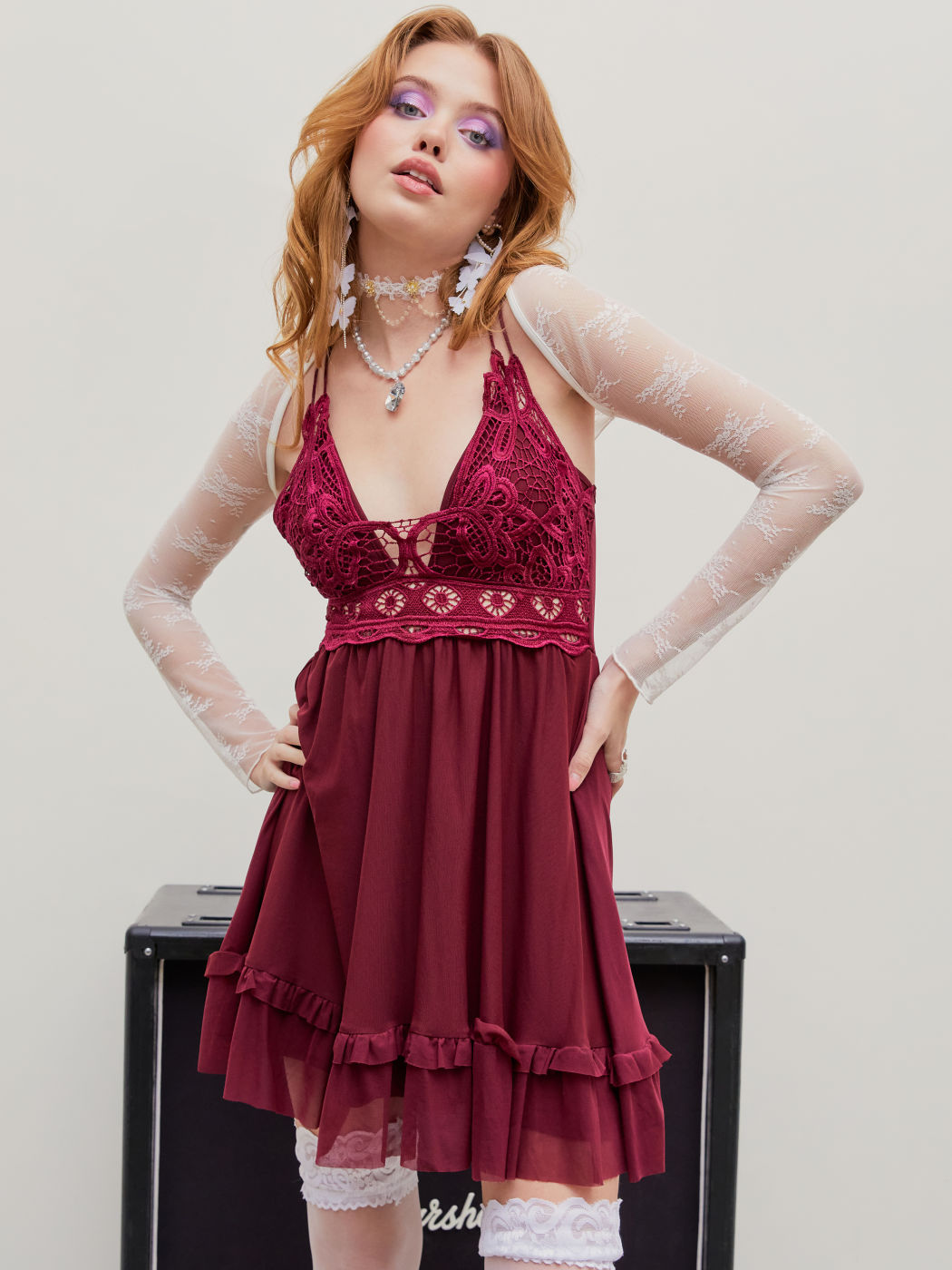 V-neck Lace Ruffle Mini Dress For Date