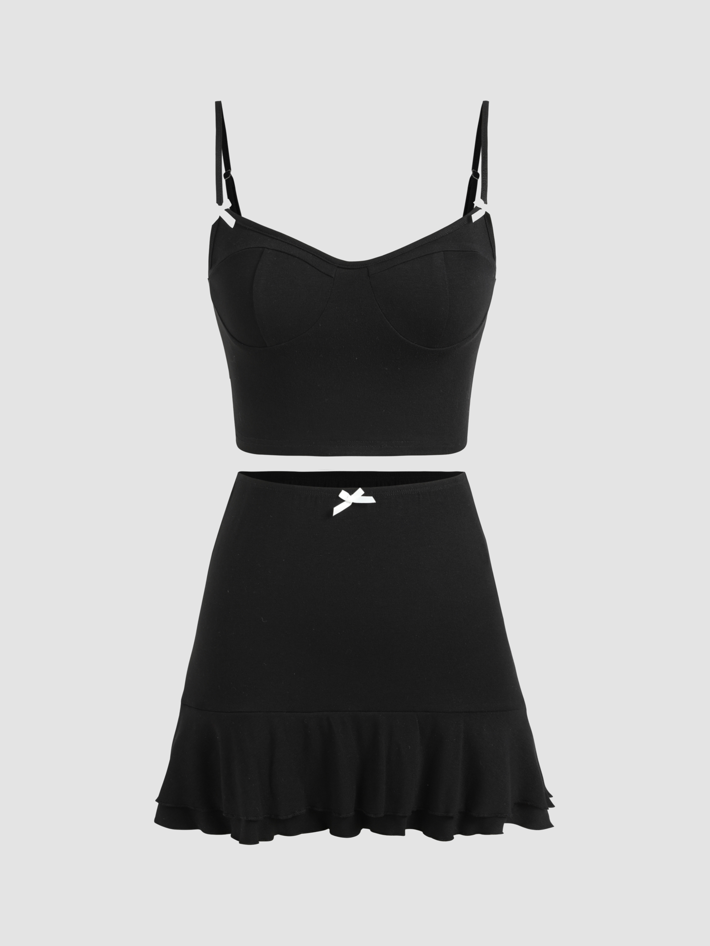 Bow Detail Crop Top & Ruffle Mini Skirt Set For Daily Casual
