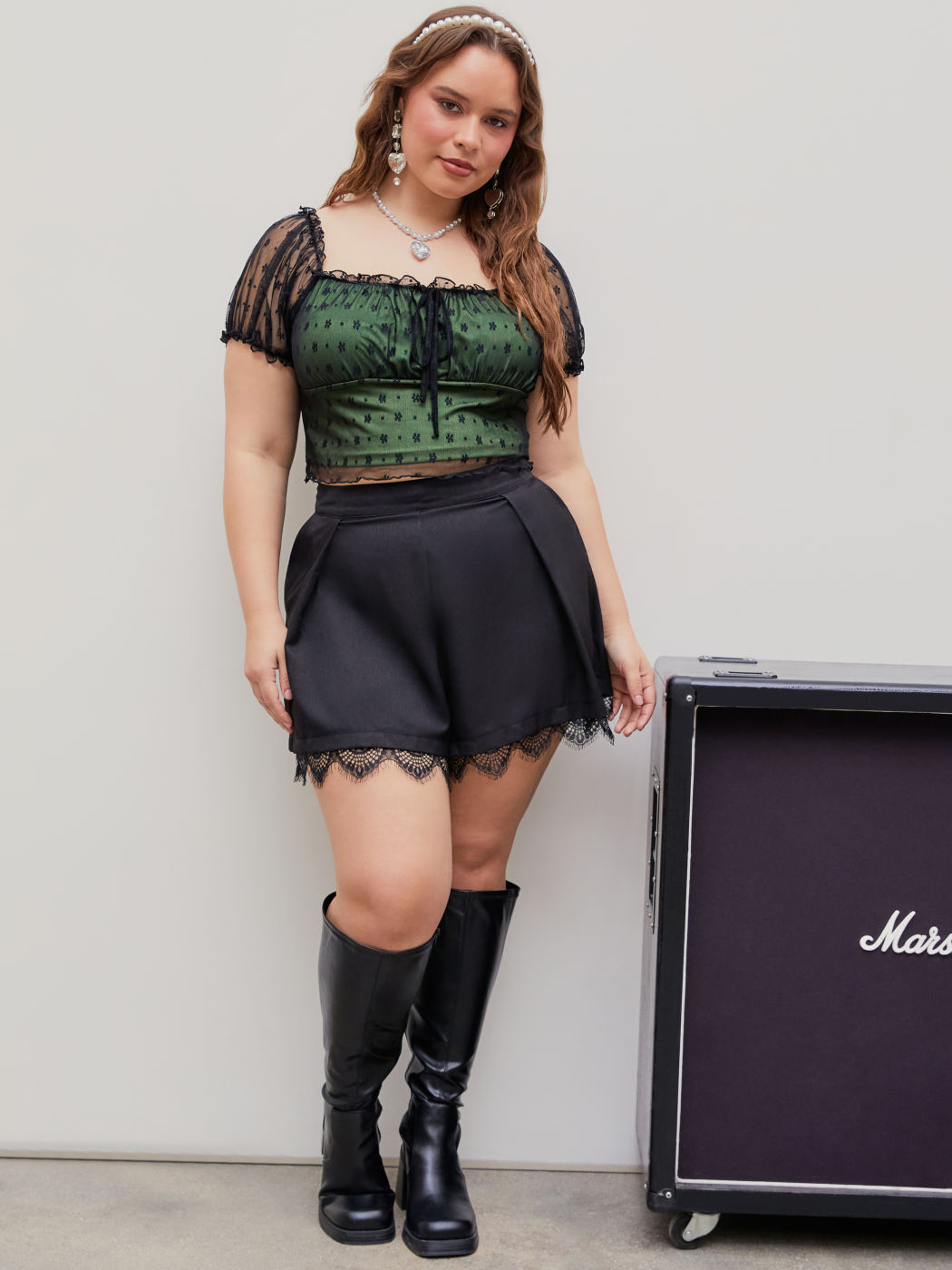 Curve & Plus Floral Mesh Knotted Crop Top For Date Party/Clubbing