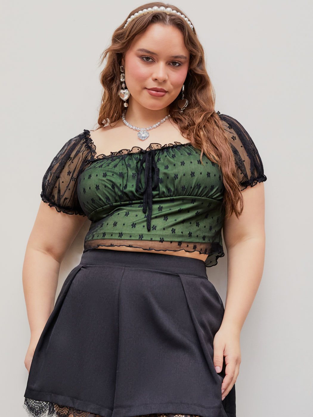 Curve & Plus Floral Mesh Knotted Crop Top For Date Party/Clubbing
