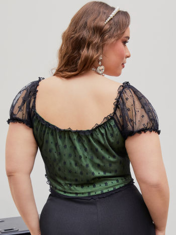 Curve & Plus Floral Mesh Knotted Crop Top For Date Party/Clubbing