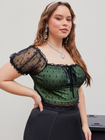 Curve & Plus Floral Mesh Knotted Crop Top For Date Party/Clubbing