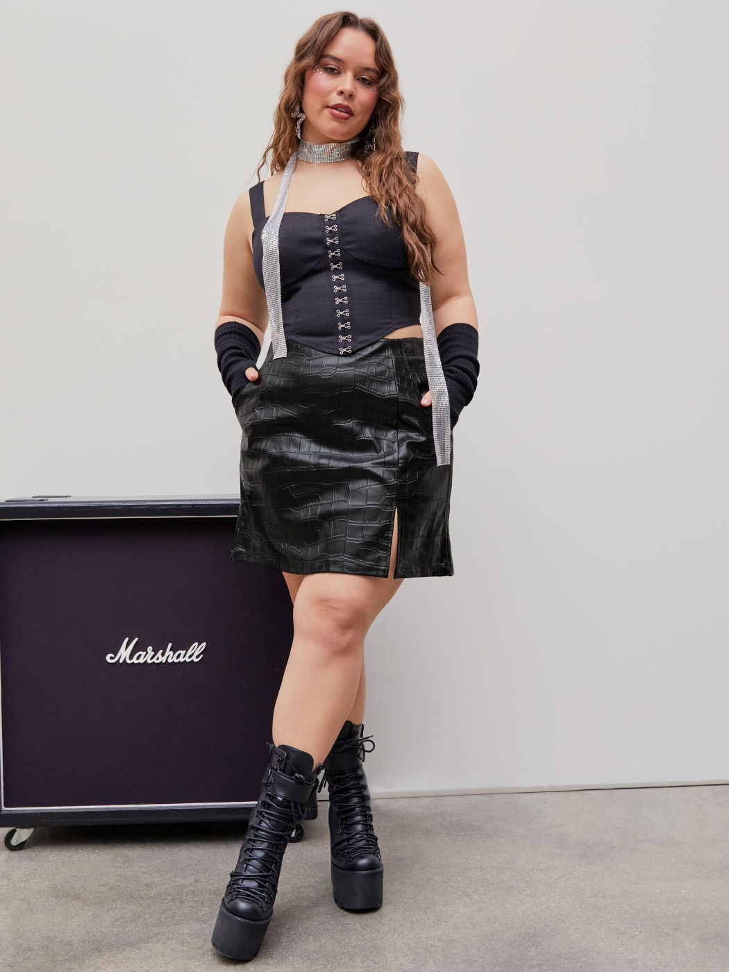 Faux Leather Split Mini Skirt Curve & Plus - Cider