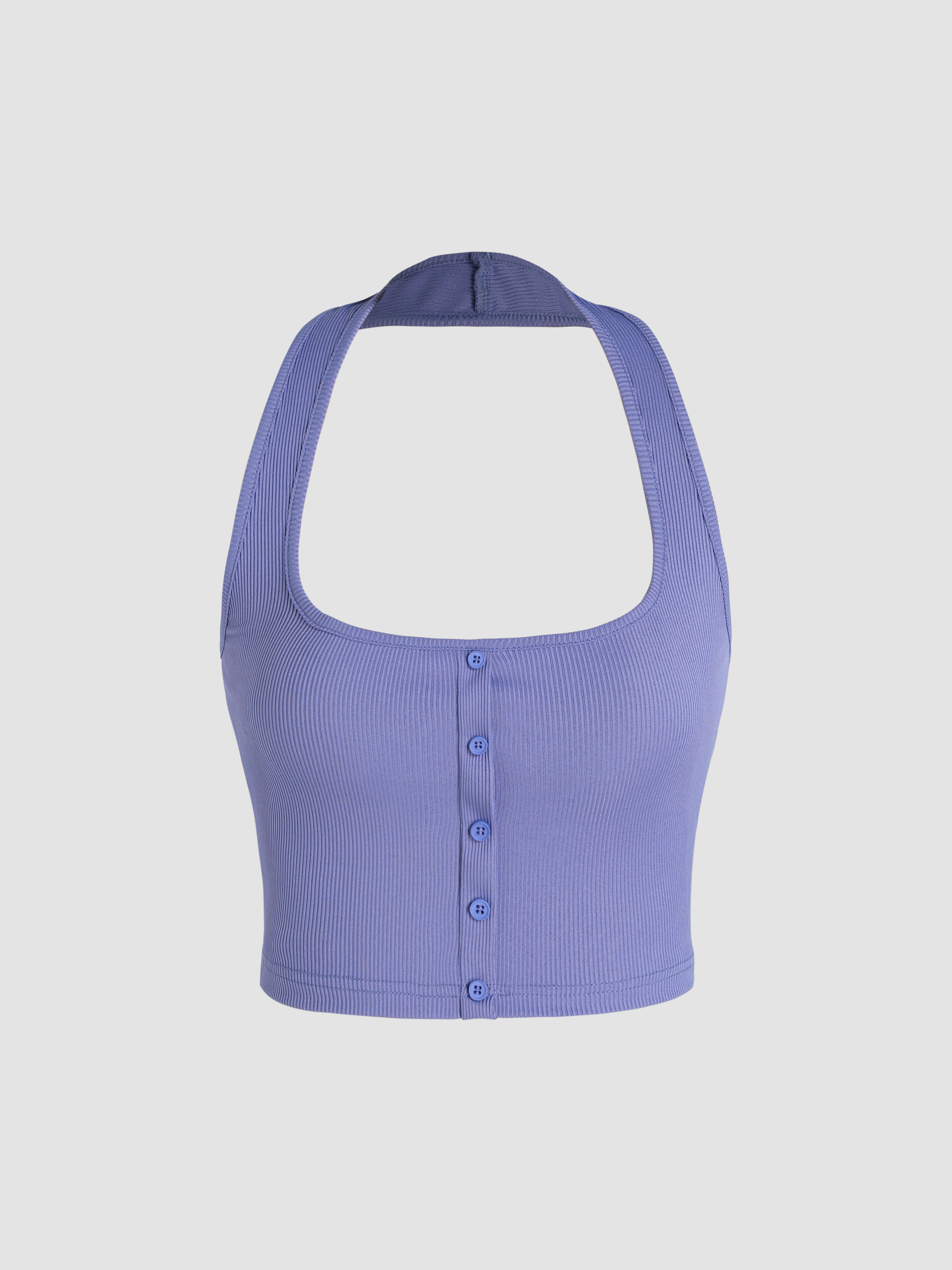 Button Up Halter Crop Top For Daily Casual