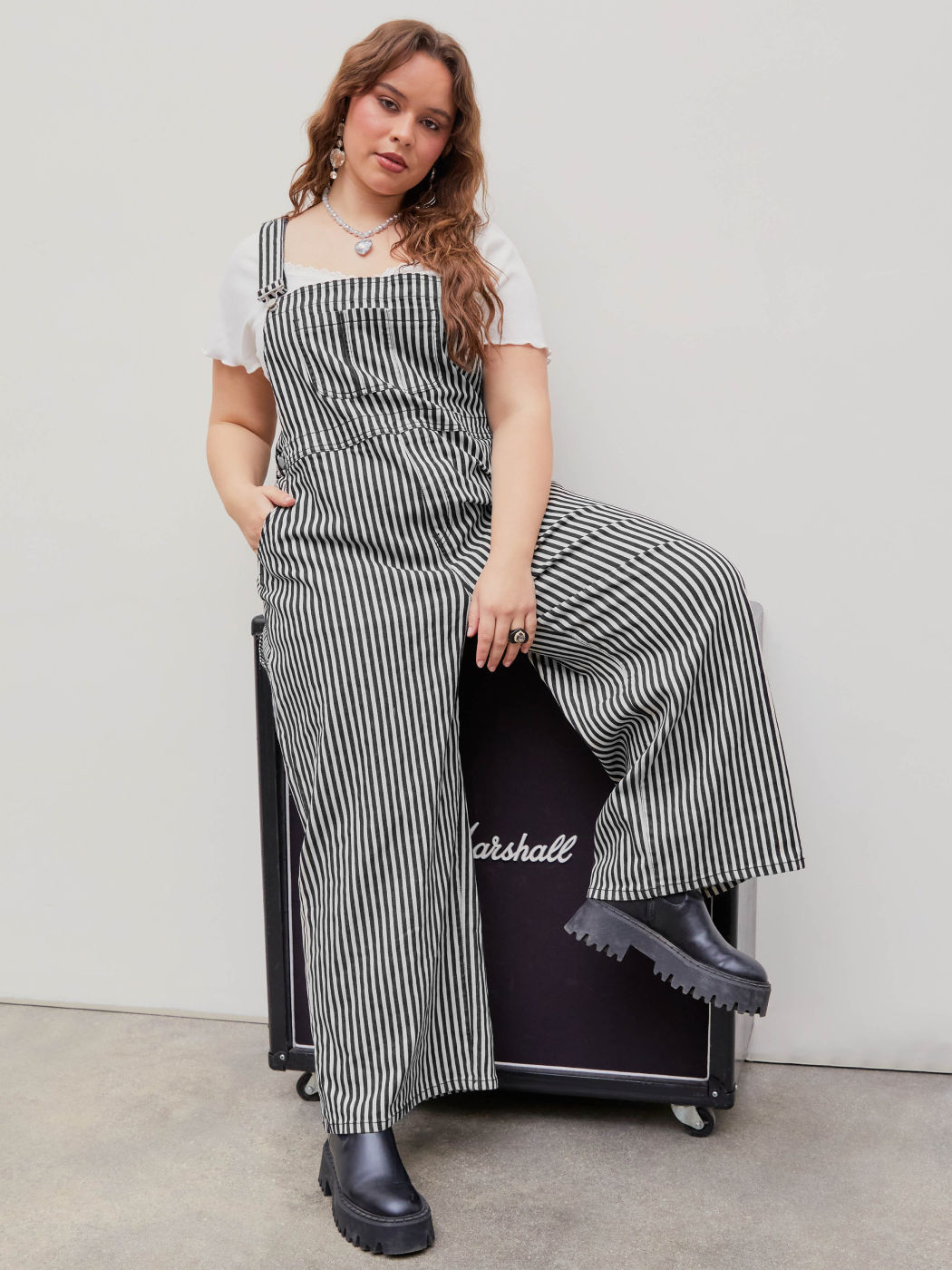 Striped Pocket Buckle Jumpsuit Curve & Plus - Cider
