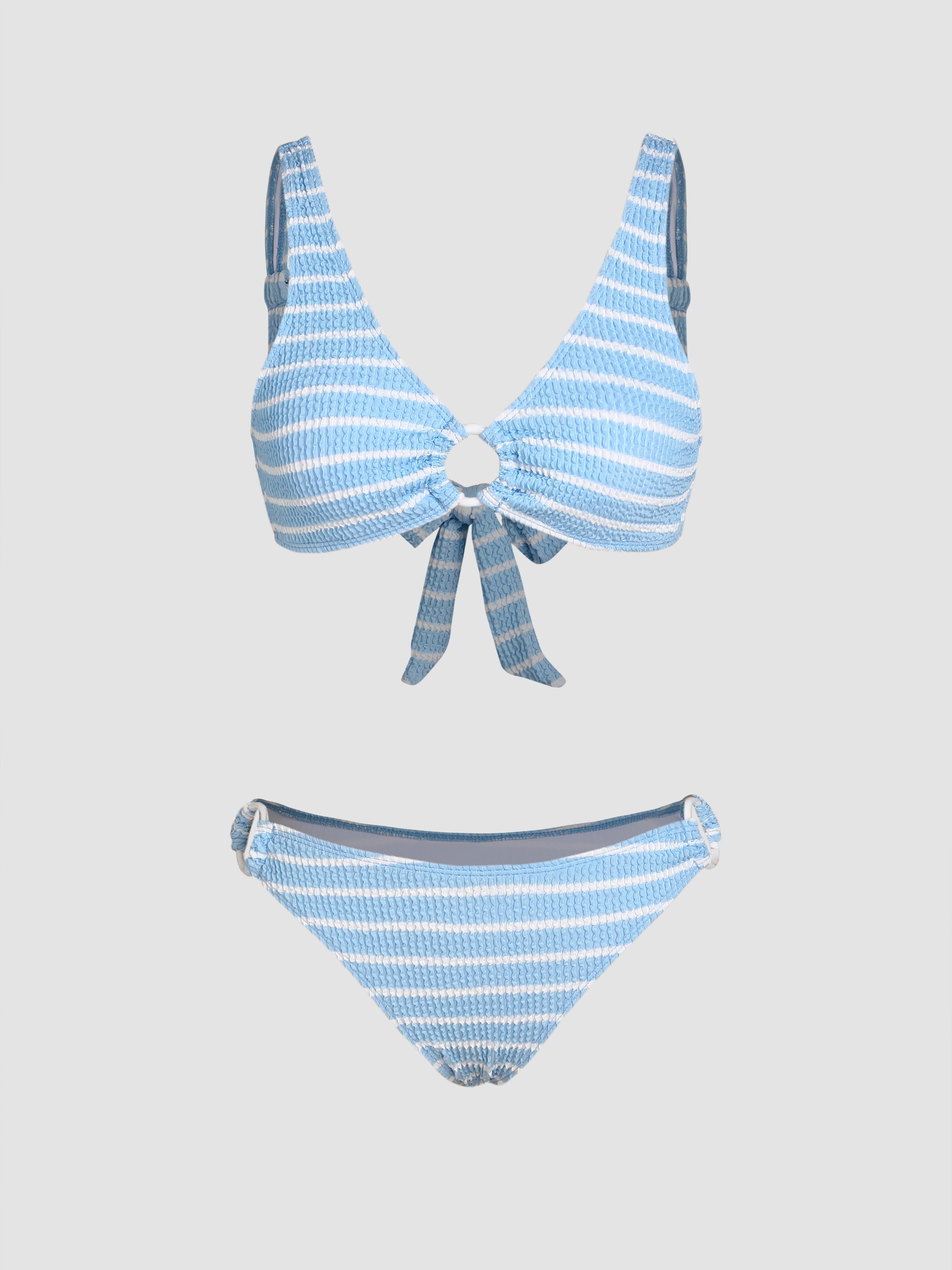 O-Ring Striped Texture Bikini Swimsuit For Vacation Swimming Pool Beach