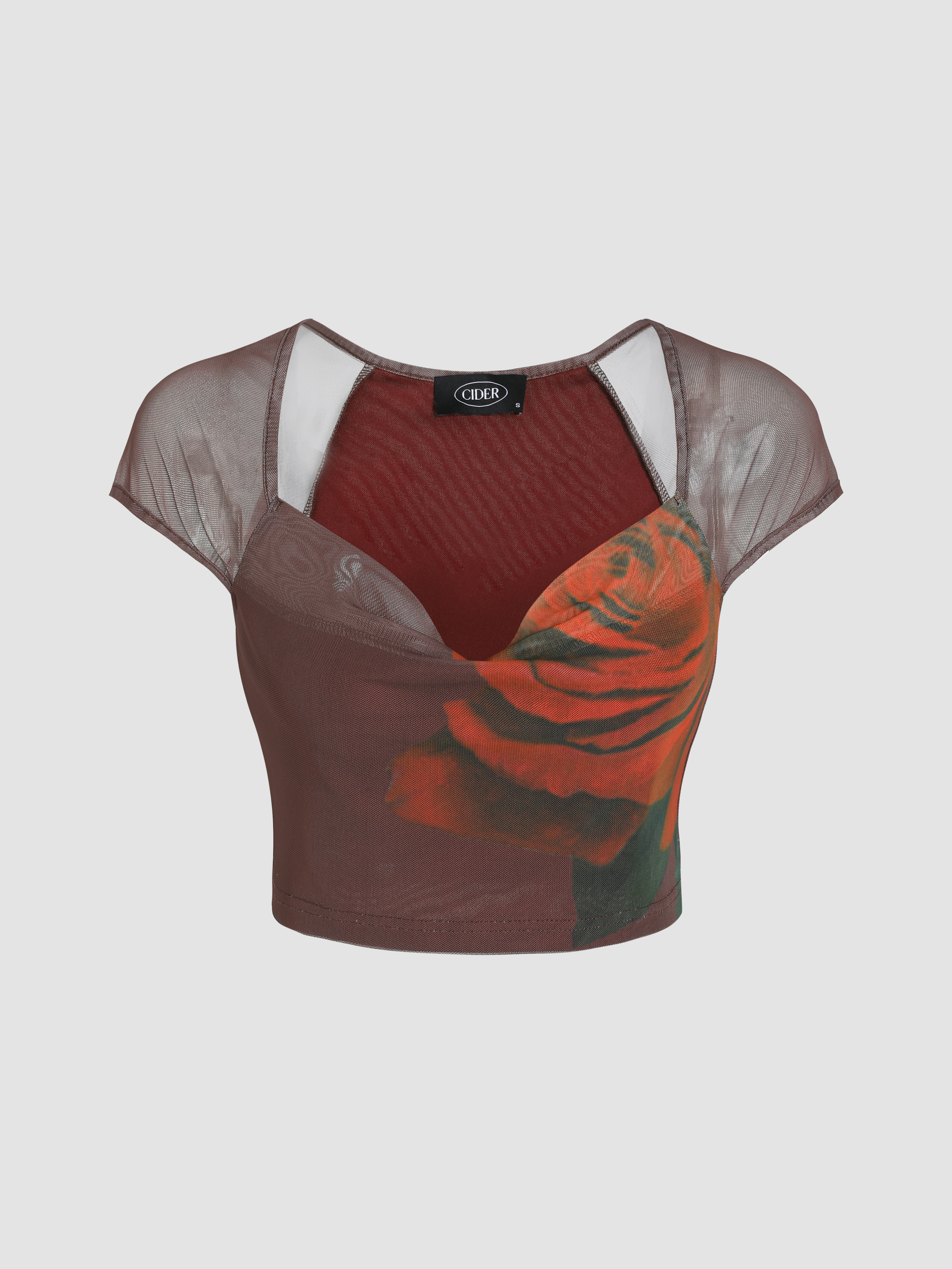 Mesh Floral Cowl Neck Crop Top - Cider