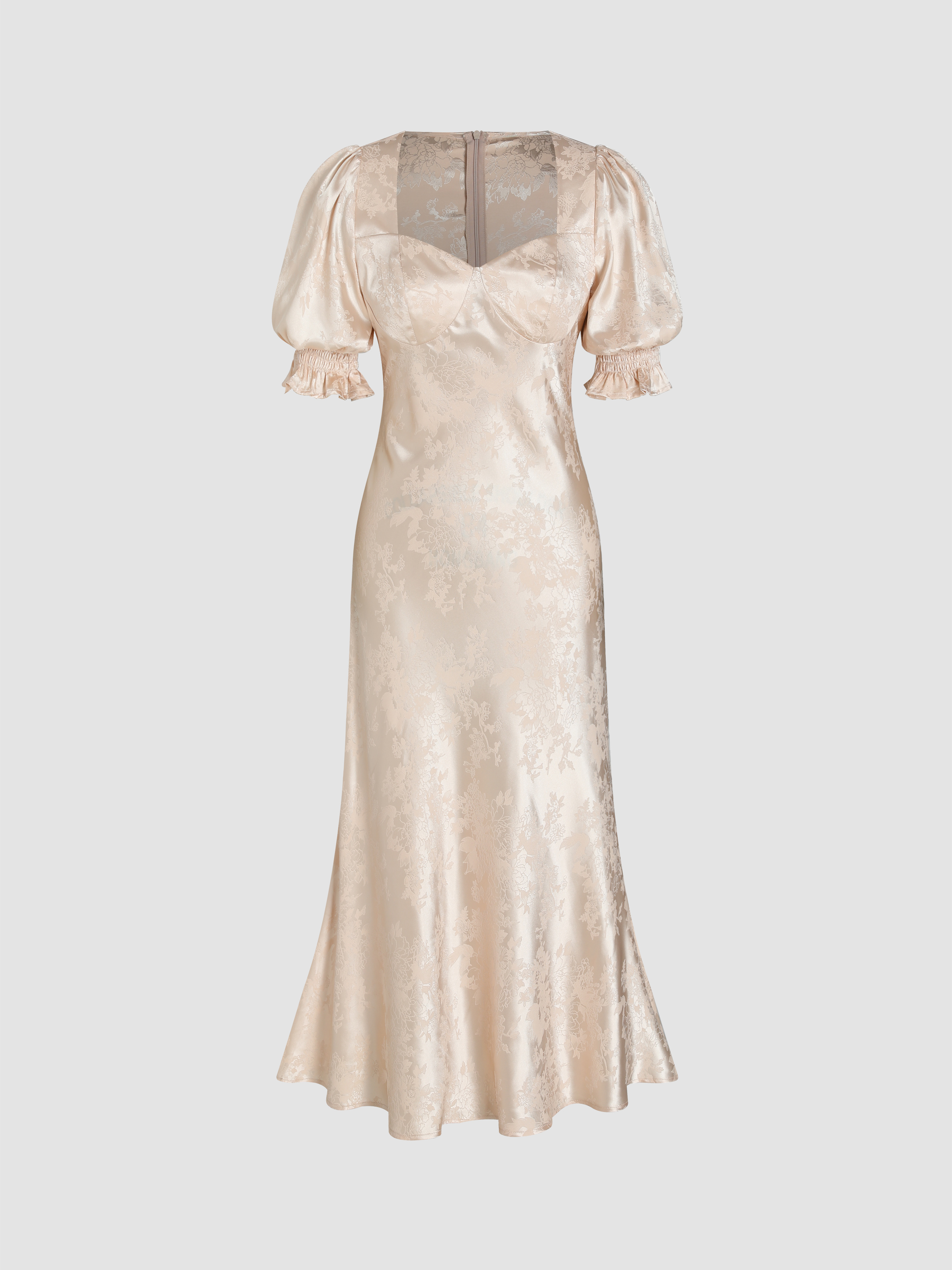 Wedding Guest Dress Puff Sleeve Dress Satin Floral Puff Sleeve Mermaid