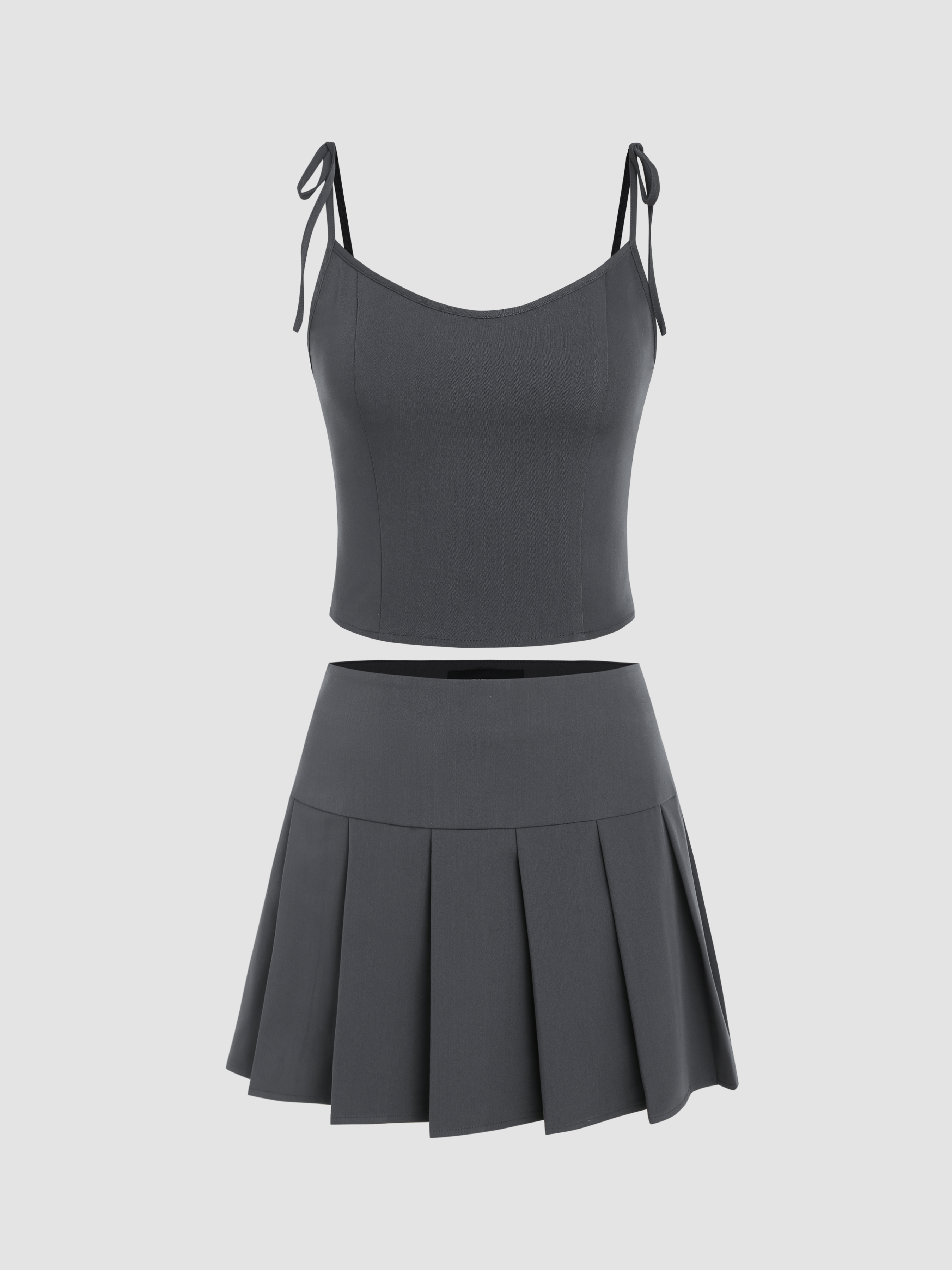Woven Knotted Crop Cami Top & Pleated Mini Skirt Set For Daily Casual