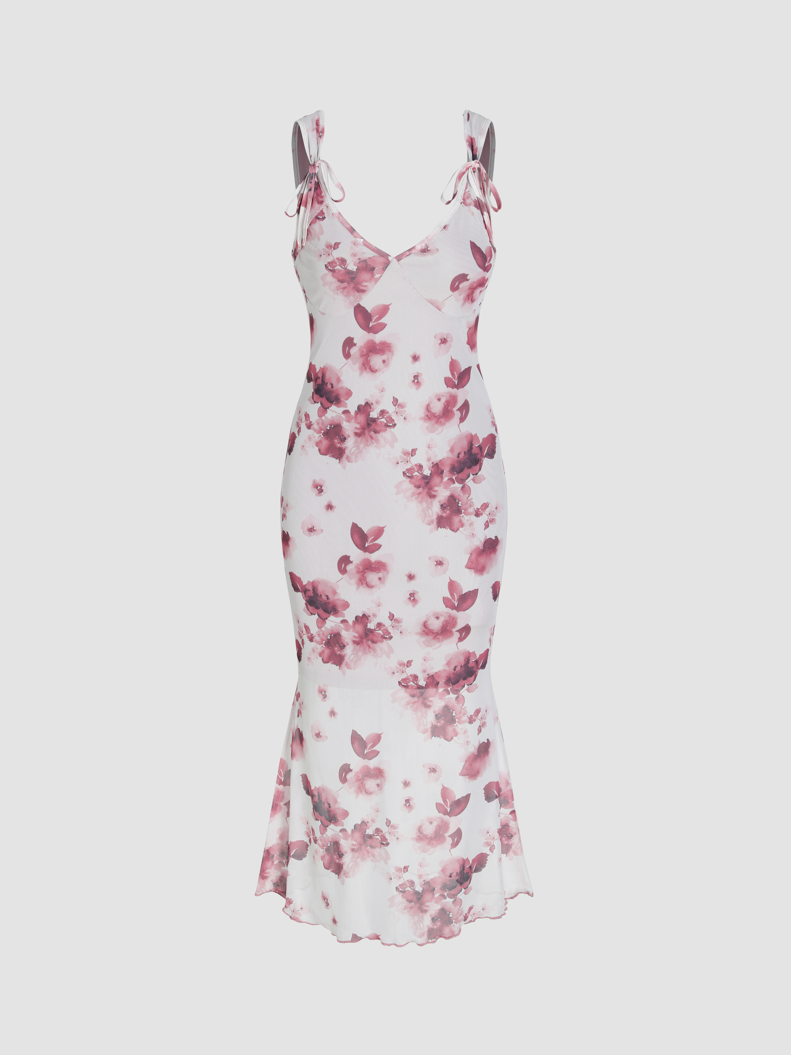 Floral Ruffle Hem Bowknot Mermaid Midi Dress Cider