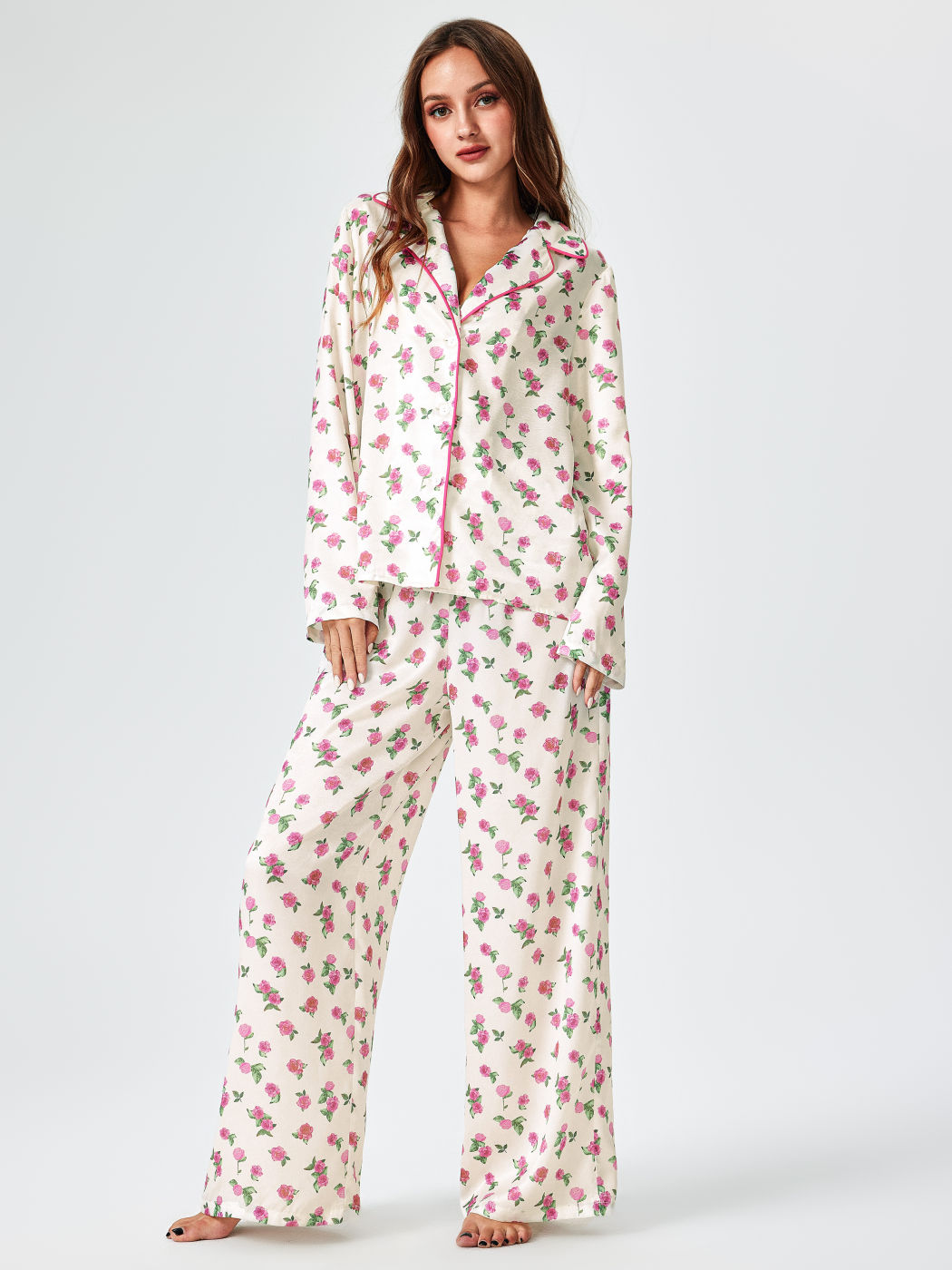 Satin Floral Knotted Pajama Pants - Cider