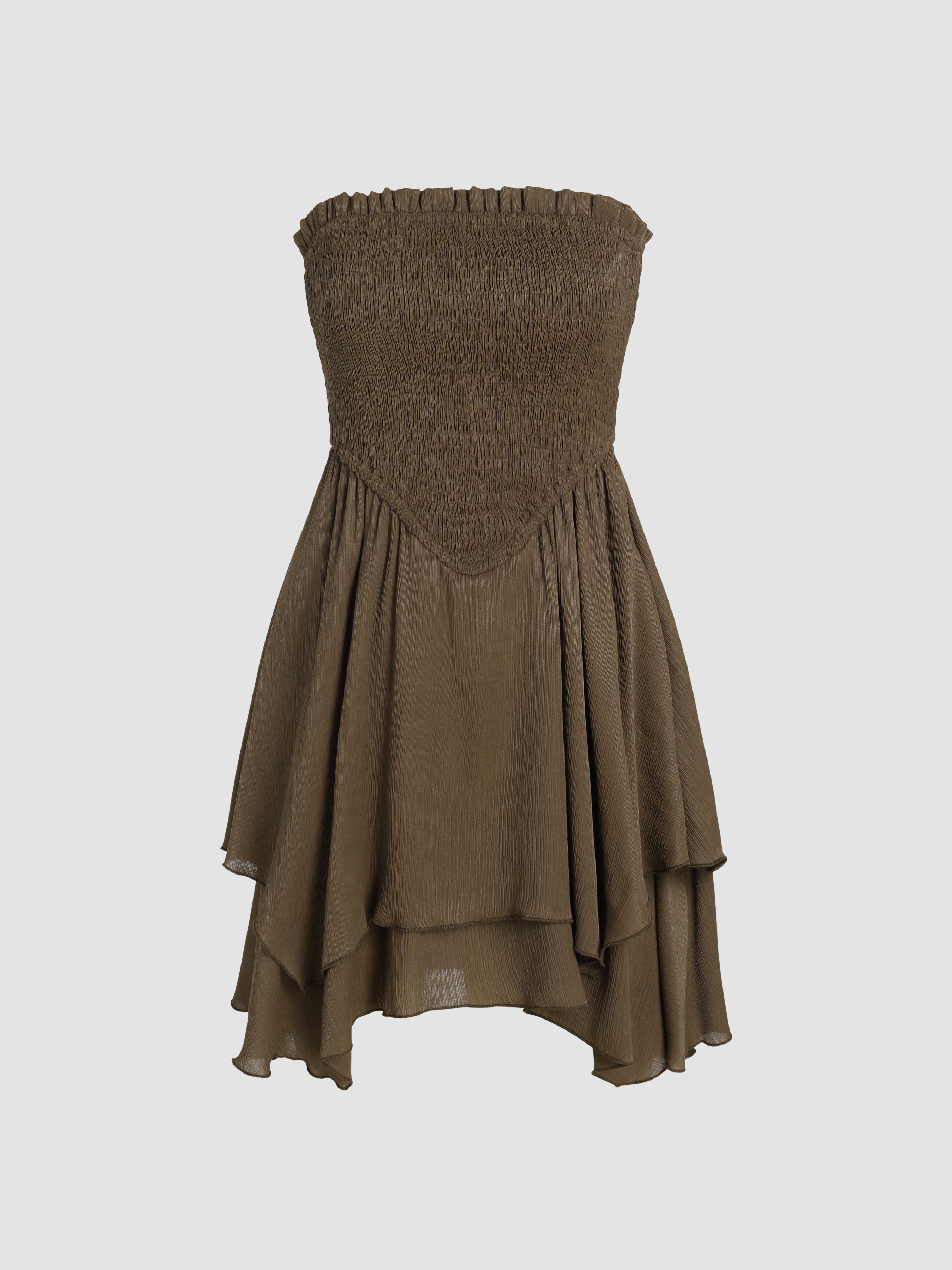 Texture Shirred Strapless Ruffle Mini Dress - Cider