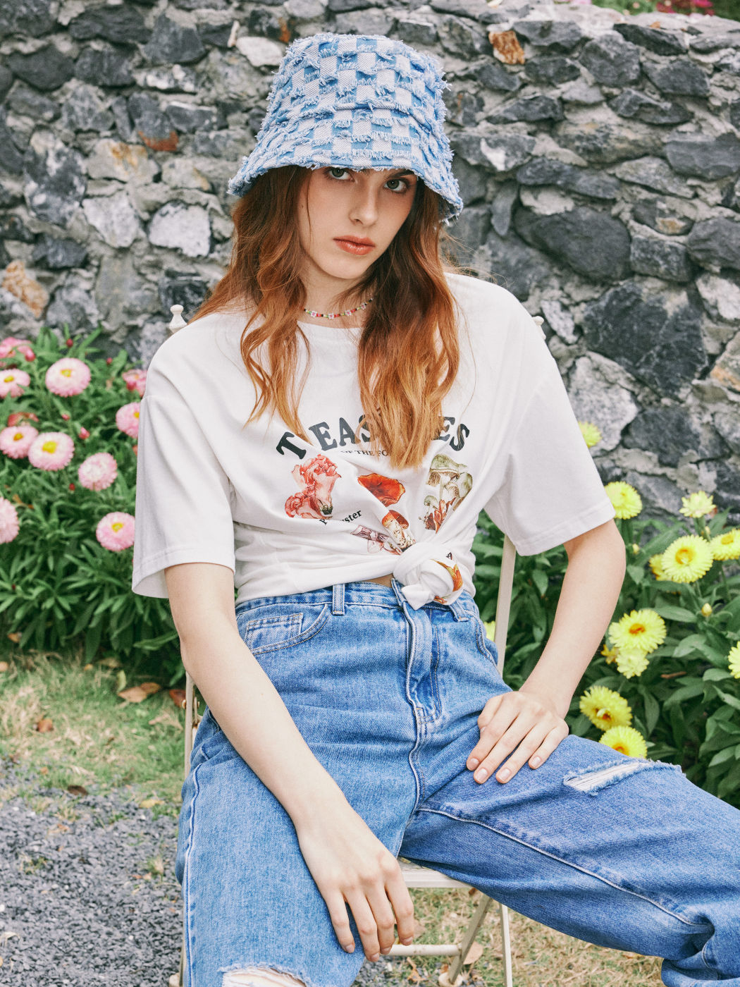 Checkerboard Raw Hem Bucket Hat - Cider