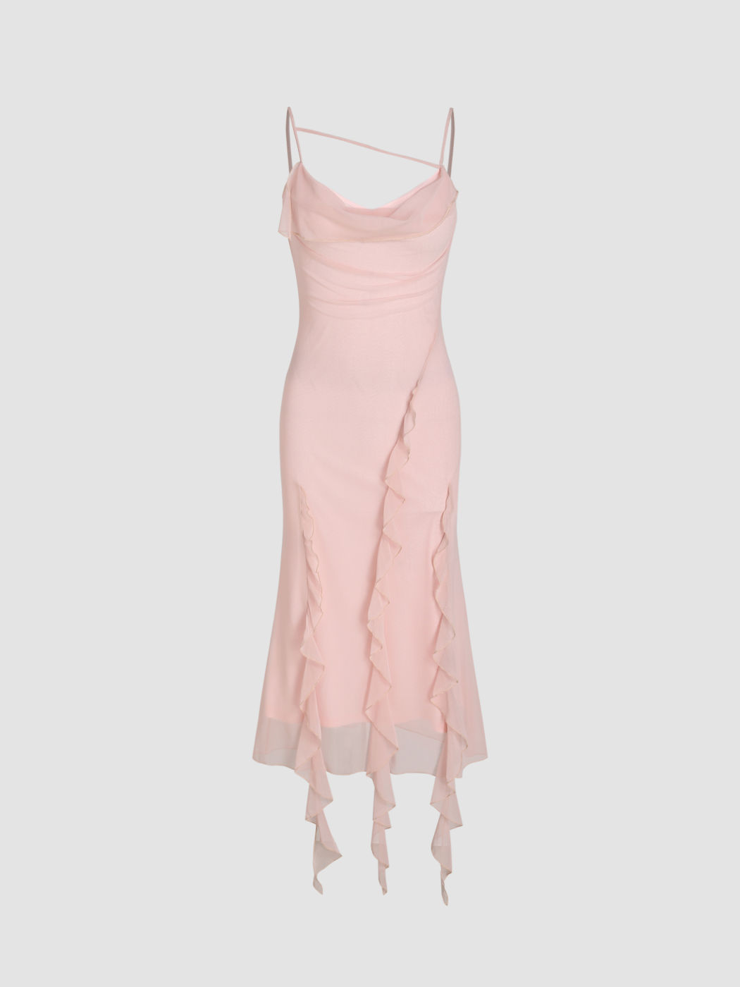 Ruffle Dress Knit Fabric Mesh Ruffle Hem Ruched Midi Dress For Date