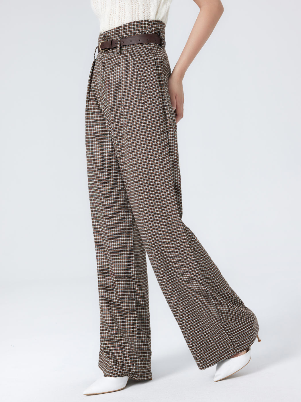 Houndstooth High Waist Belted Wide Leg Trousers - Cider