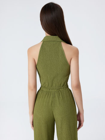 Knit Fabric Solid Texture Collar Crop Top For Vacation