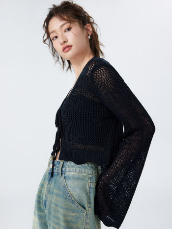 Fall Cardigan Knit Fabric Solid Hollow Out Knit Knotted Cardigan For School Daily Casual Coffee Shop