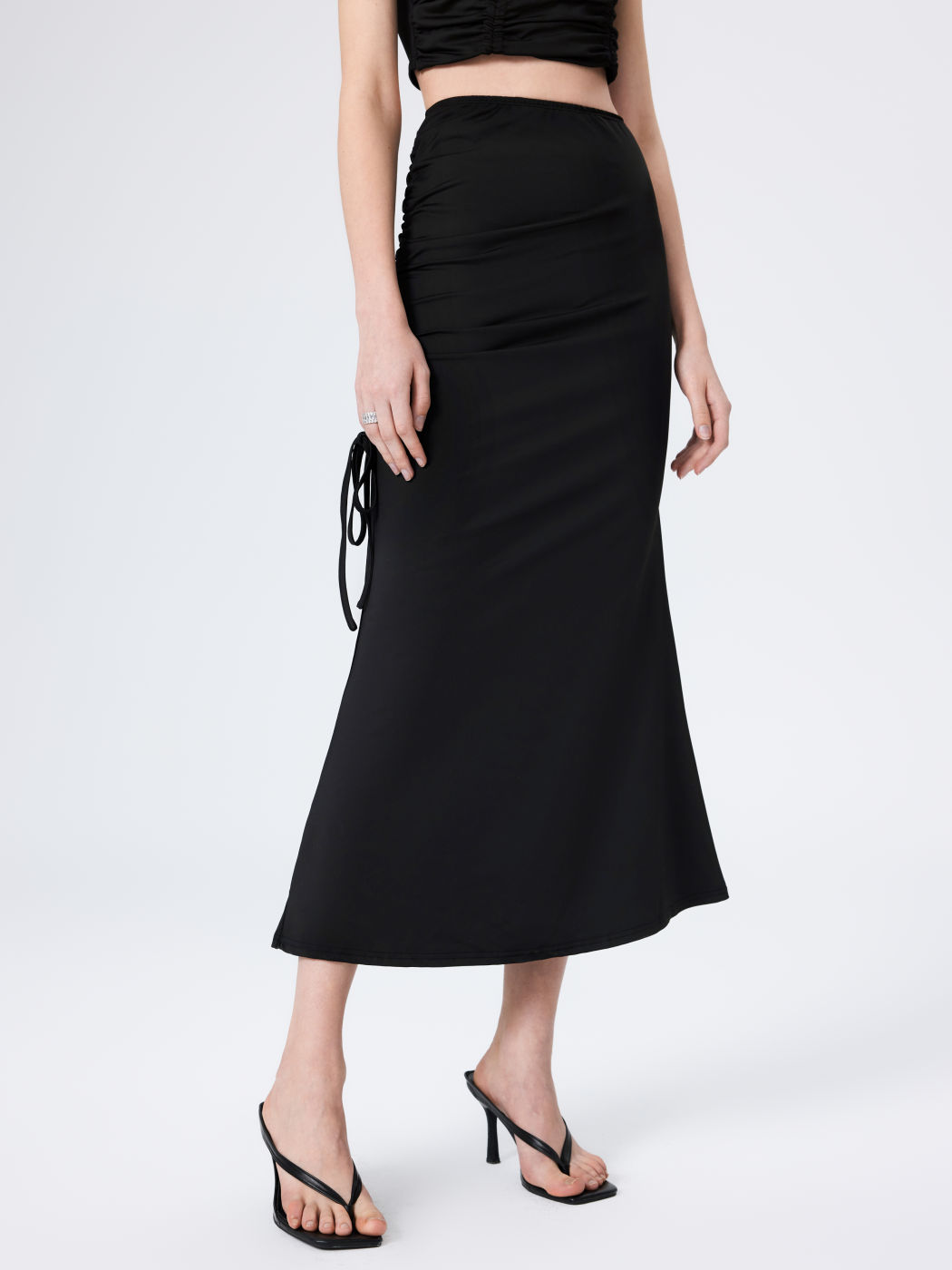 Jersey Solid Drawstring High Waist Split Maxi Skirt For Date