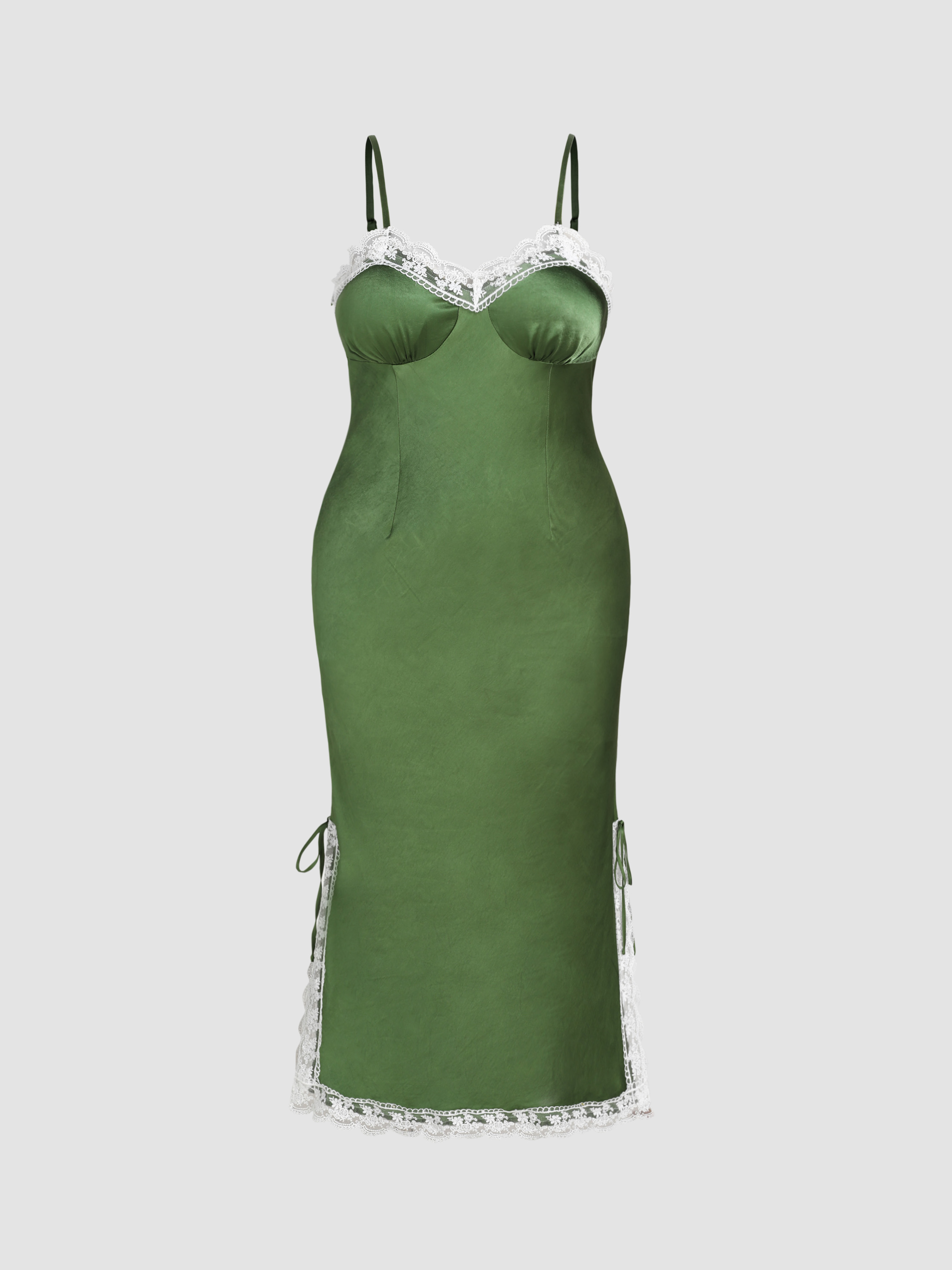 Satin Lace Trim Split Midi Dress Curve & Plus - Cider