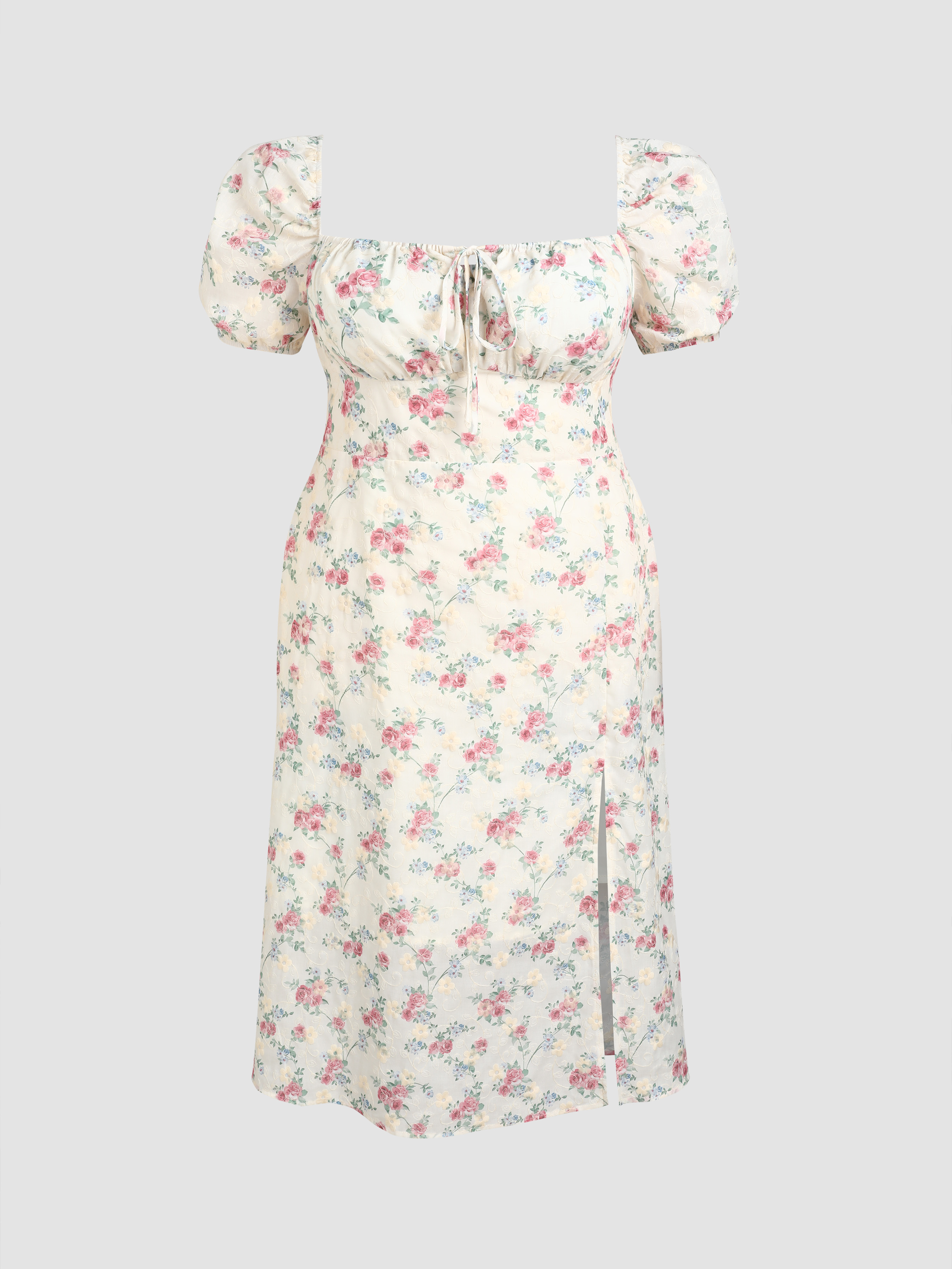 Jacquard Floral Puff Sleeve Split Maxi Dress Curve And Plus For Date